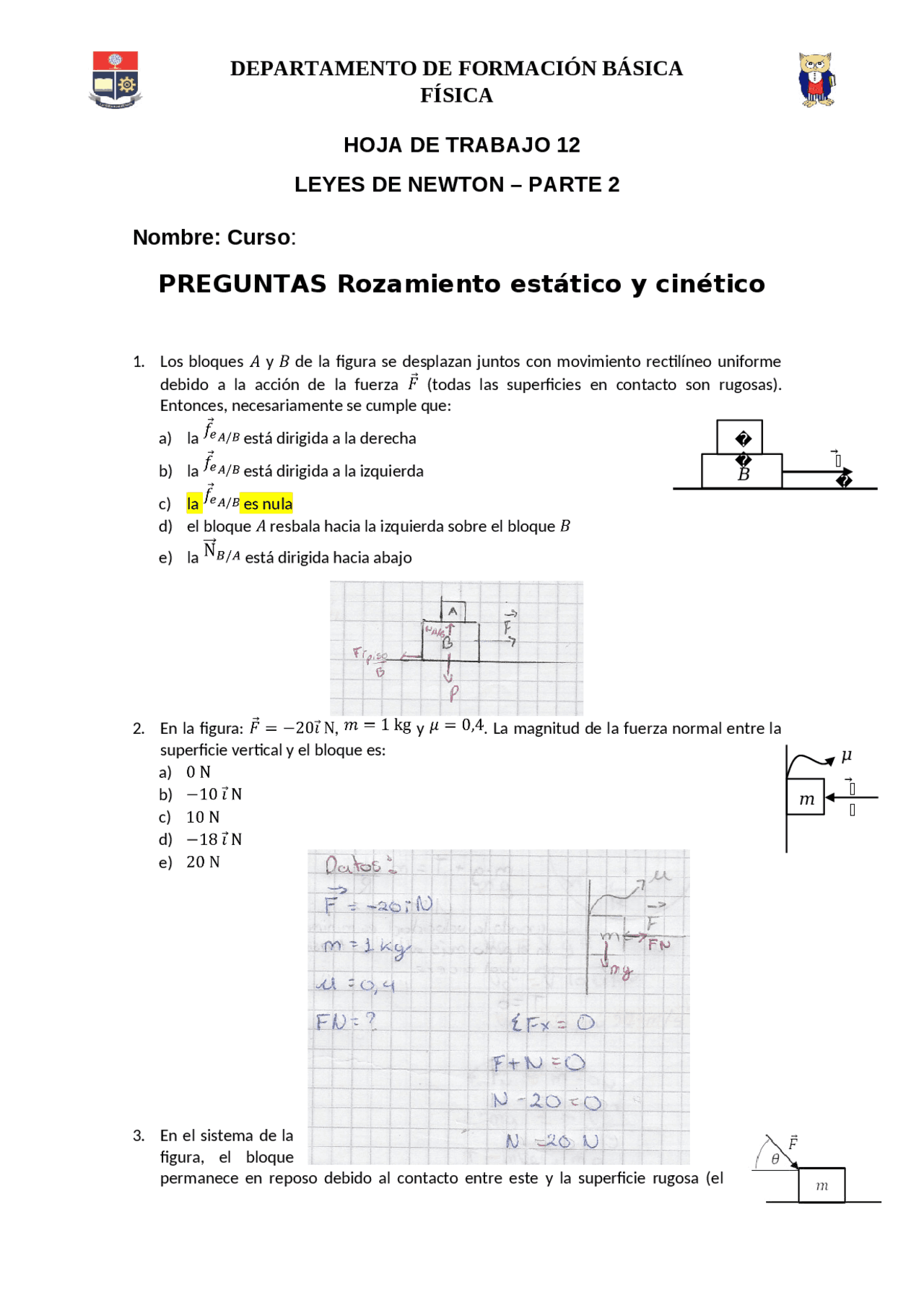 Hoja de trabajo 12 Fisica | Ejercicios de Física | Docsity
