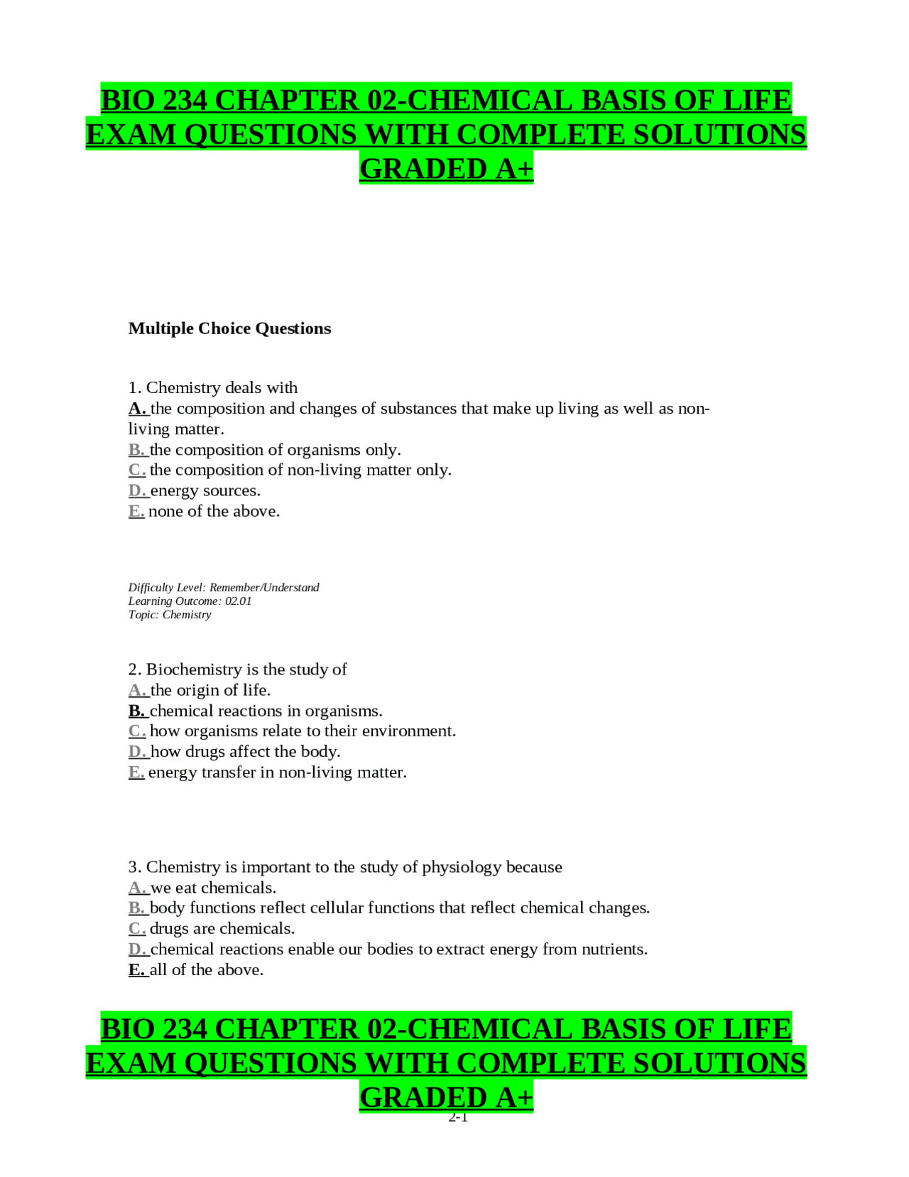 BIO 234 CHAPTER 02-CHEMICAL BASIS OF LIFE EXAM QUESTIONS WITH COMPLETE ...
