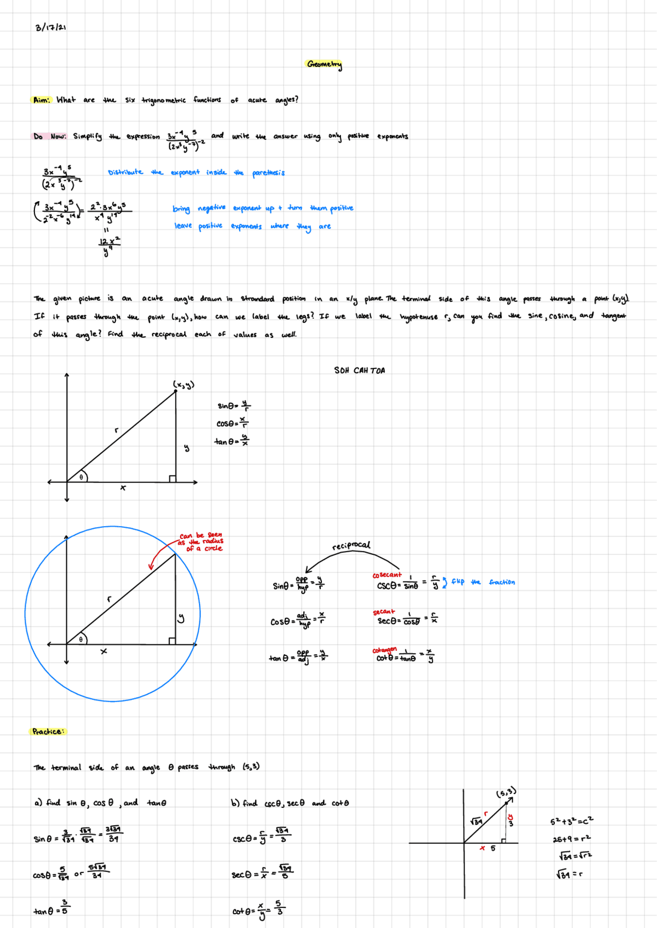 6 trigonometric functions of acute angle | Study notes Geometry | Docsity