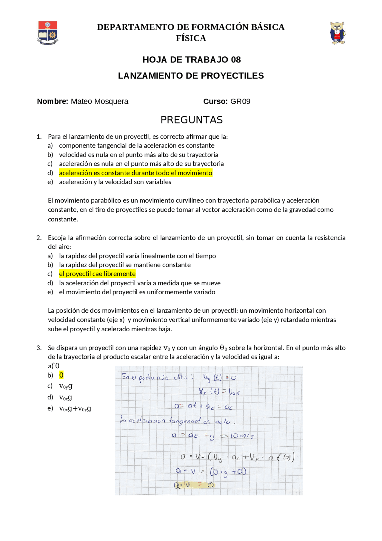 Hoja de trabajo 08 Fisica | Ejercicios de Física | Docsity
