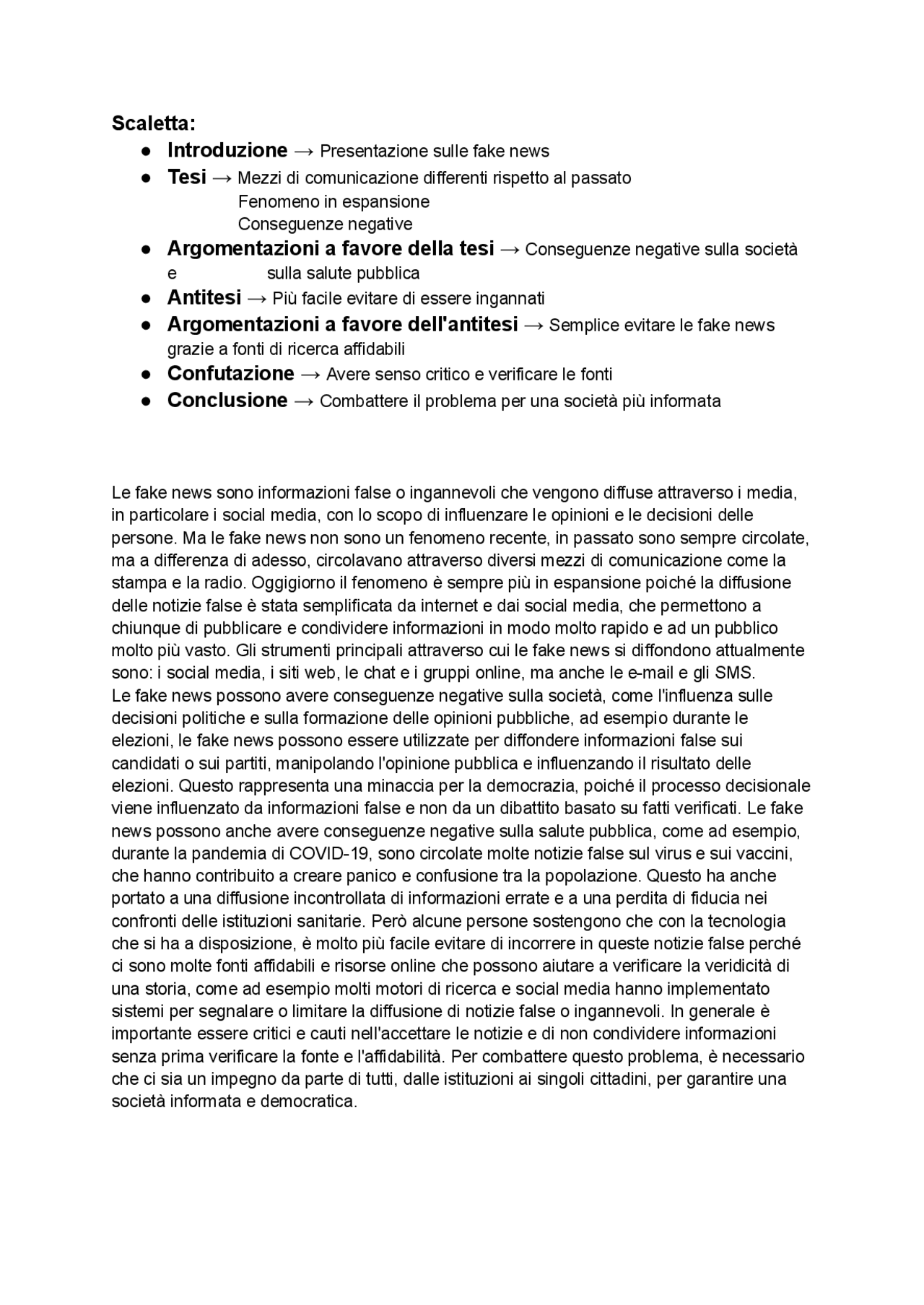 Tema argomentativo sulle Fake news | Temi di Italiano | Docsity