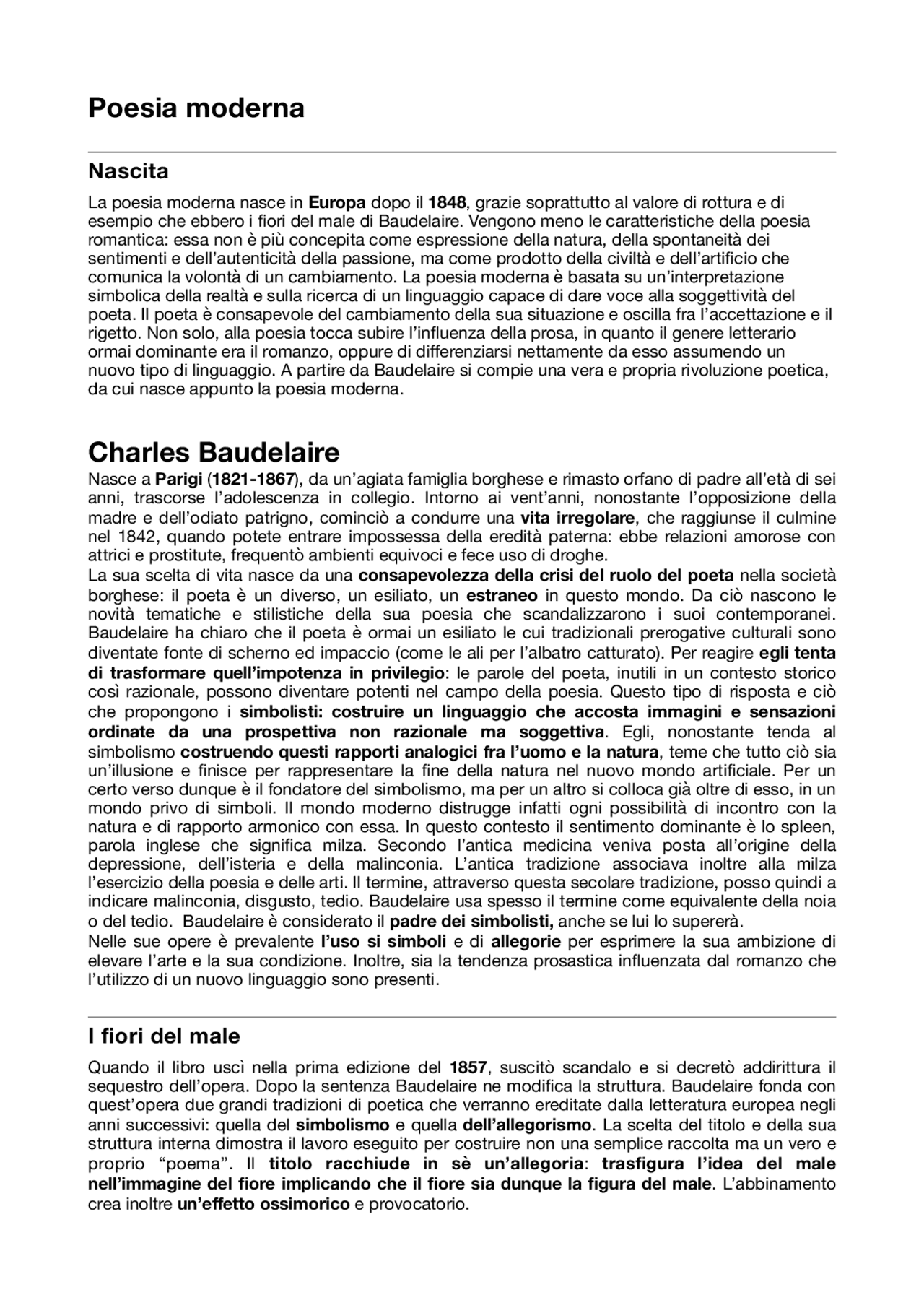 Riassunto Baudelaire e i simbolisti | Dispense di Italiano | Docsity