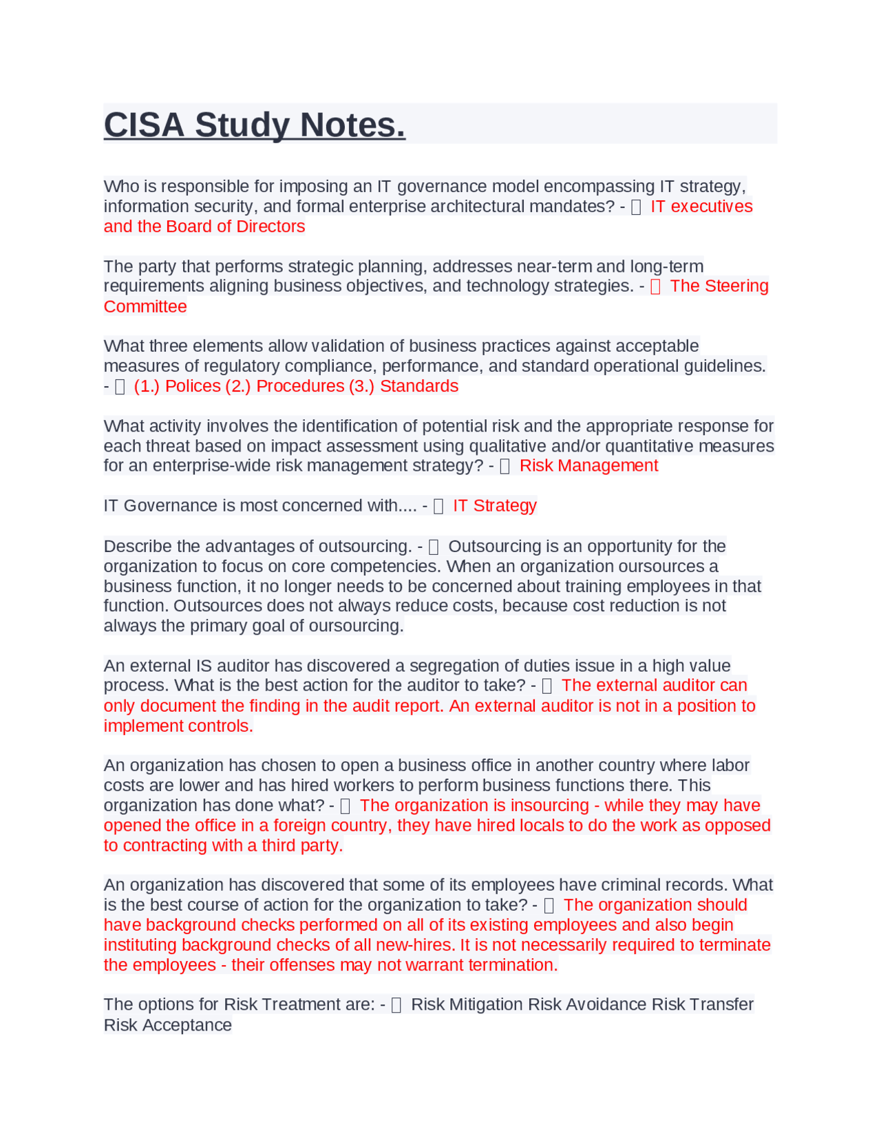 CISA Study NotesCISA Study Notes | Exams Computer Science | Docsity