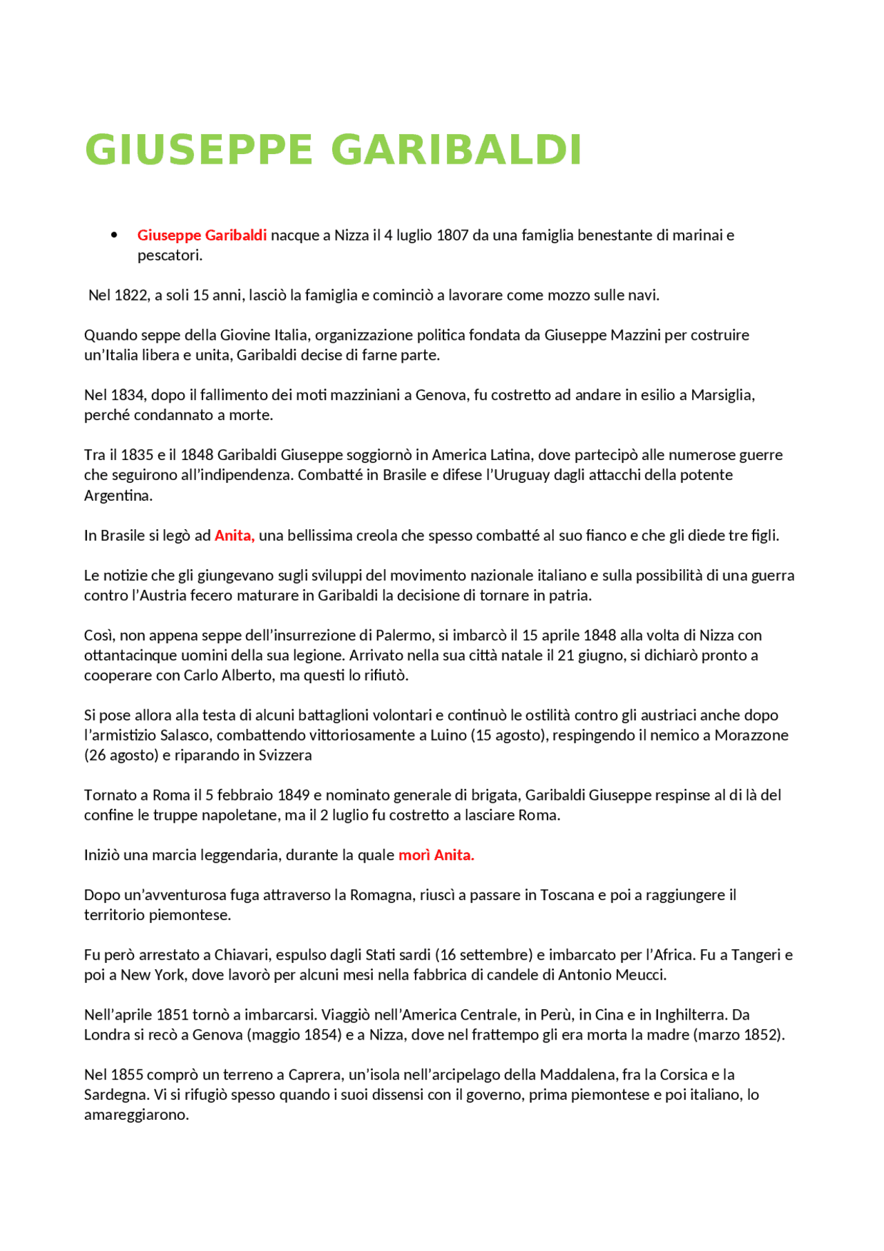 PICCOLO RIASSUNTO SULLA BIOGRAFIA DI GIUSEPPE GARIBALDI | Summaries Global studies | Docsity