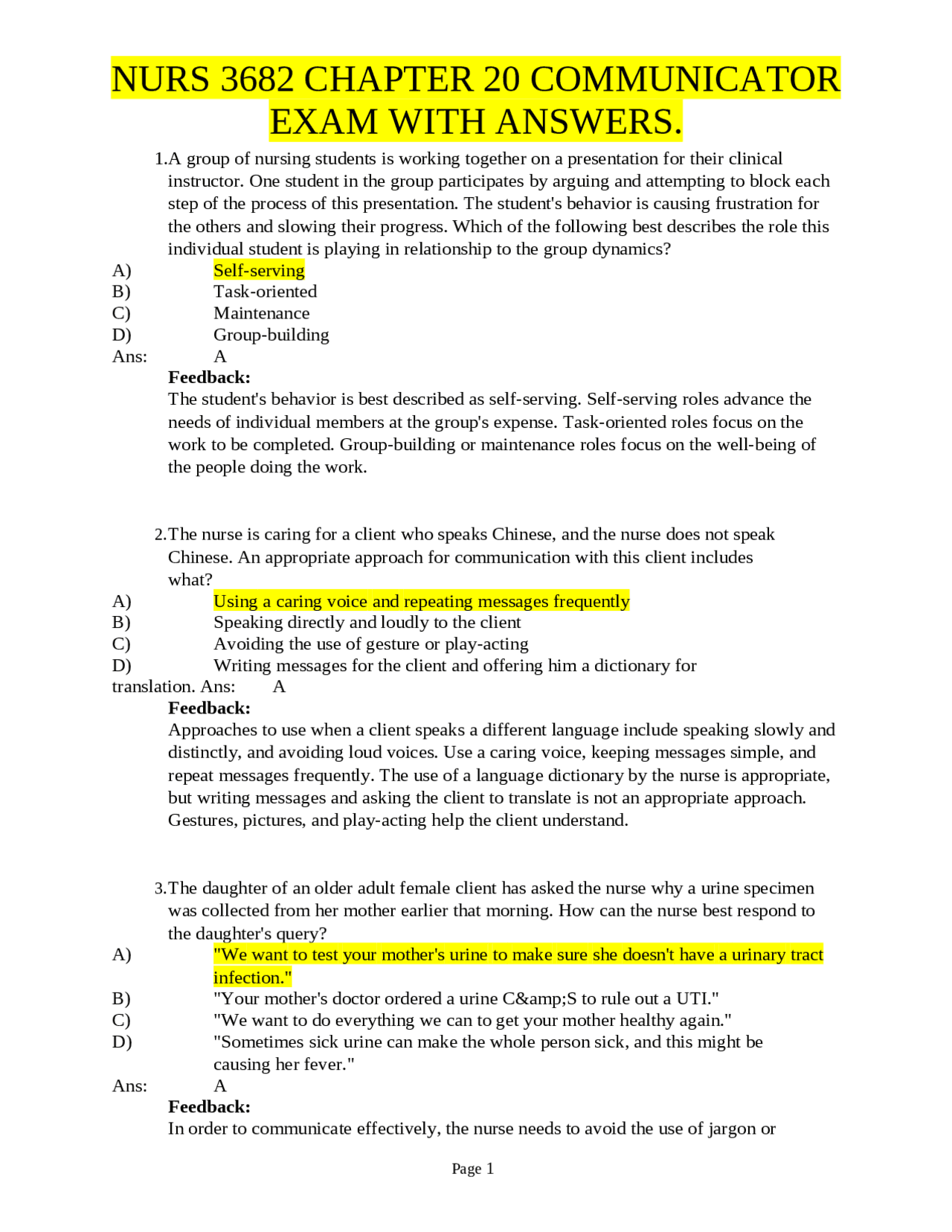 Nurs 3682 Chapter 20 Communicator Exam With Answers Exams Nursing