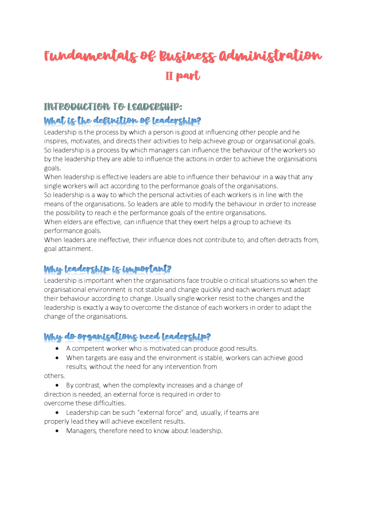 Notes on Fundamentals of Business Administration Leadership II canale ...