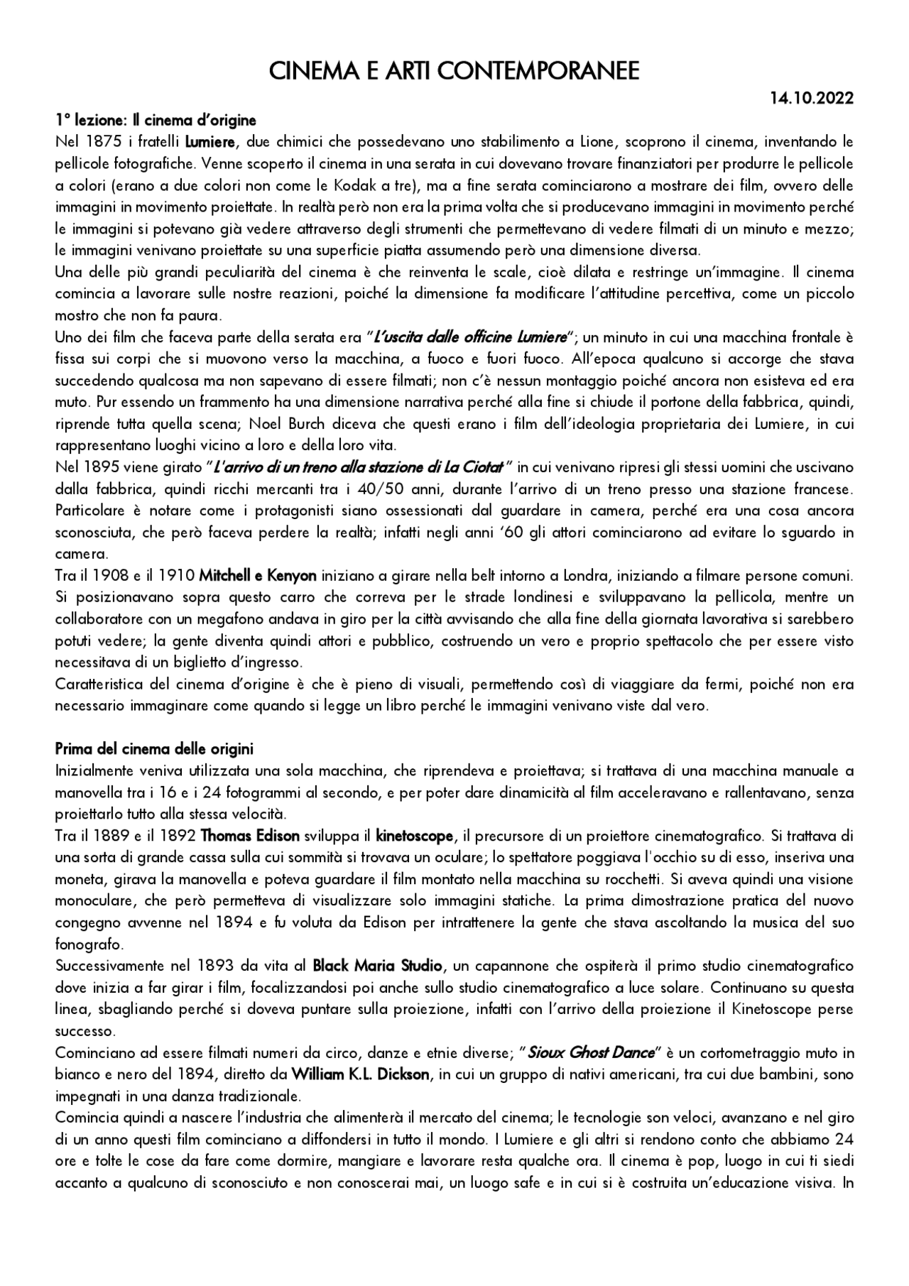 Cinema e arti contemporanee | Appunti di Storia Del Cinema | Docsity