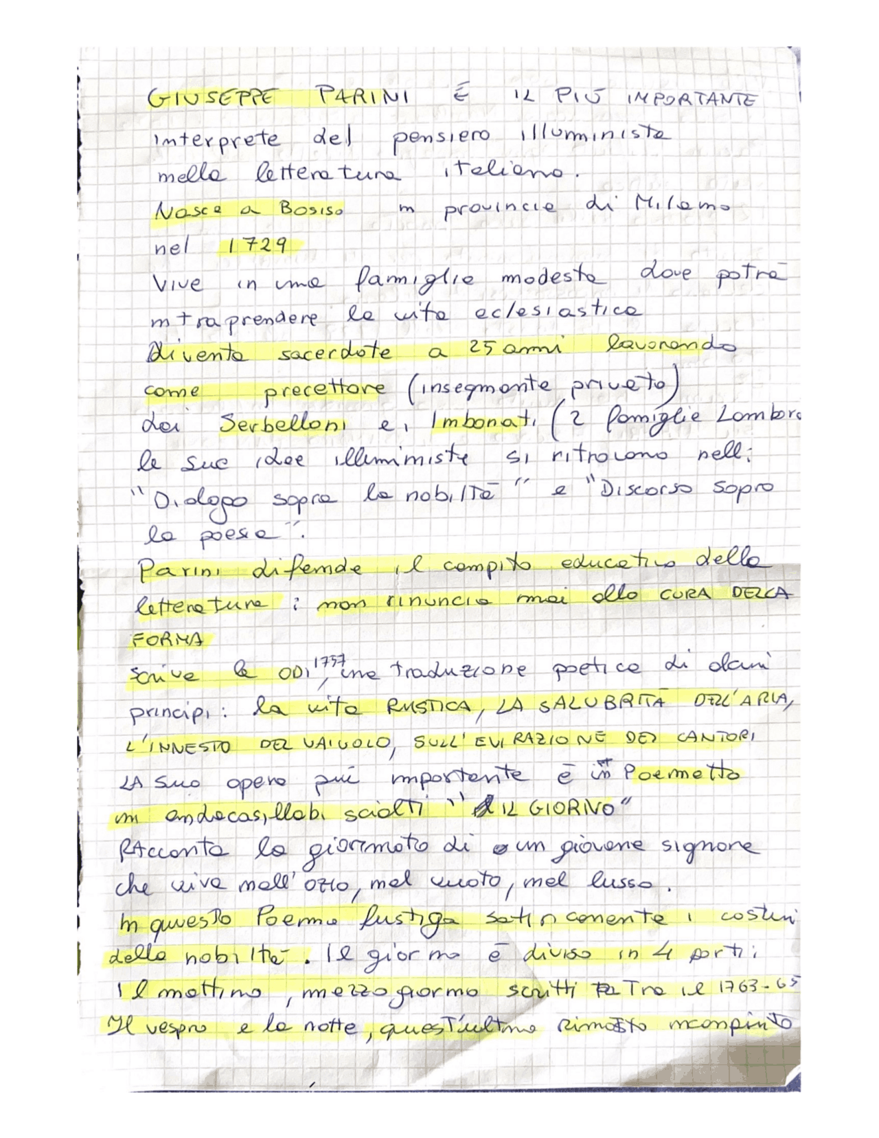 Giuseppe Parini Parte 1 Schemi E Mappe Concettuali Di Storia Docsity
