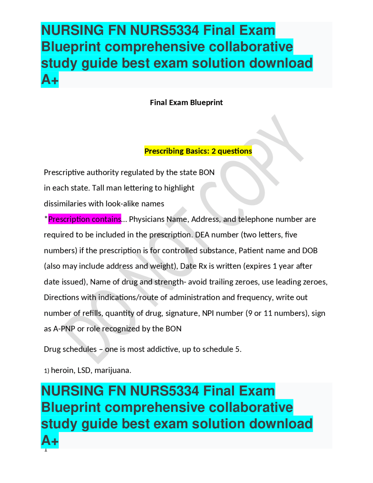 Nursing Final Exam Blueprint | Exams Nursing | Docsity