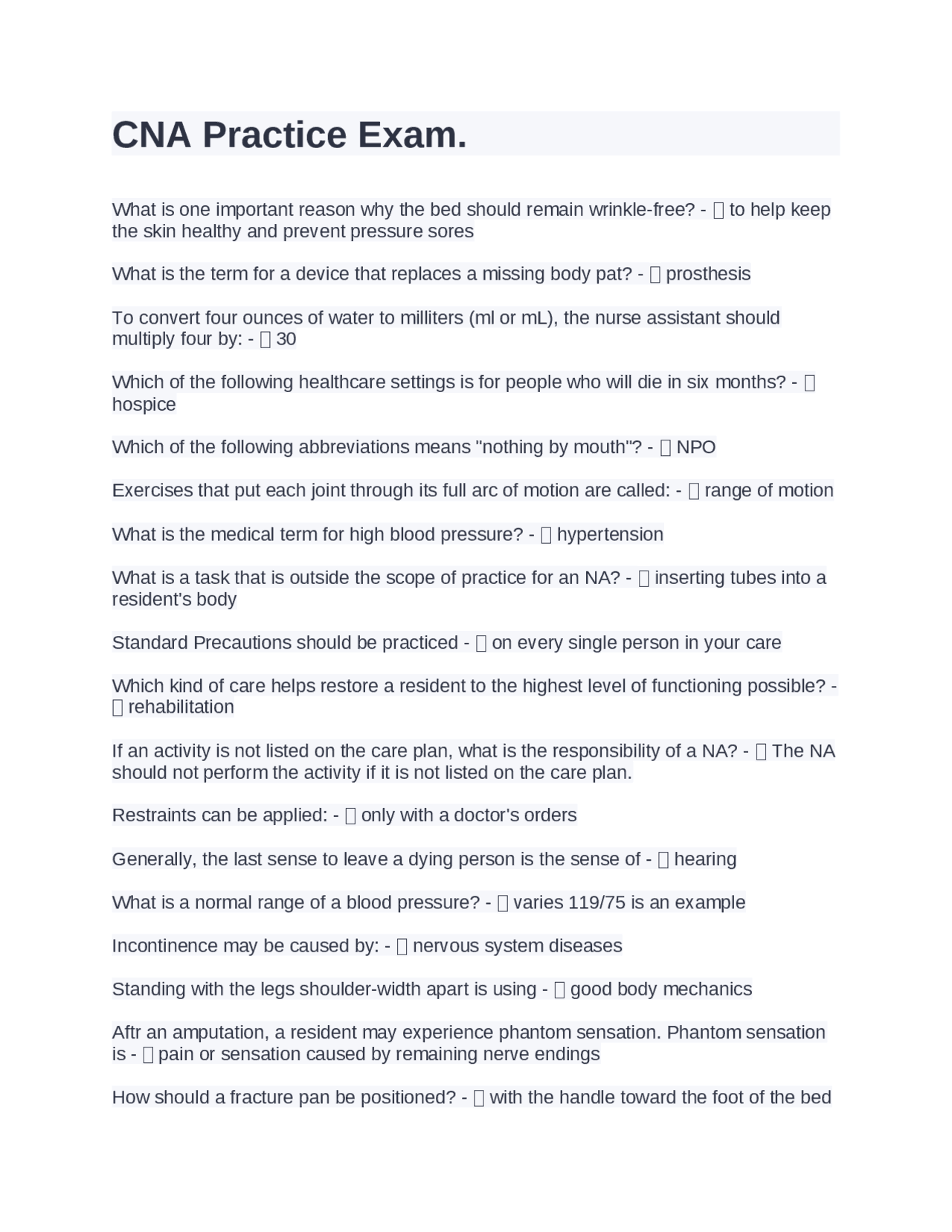 CNA Practice ExamCNA Practice Exam. | Exams Nursing | Docsity