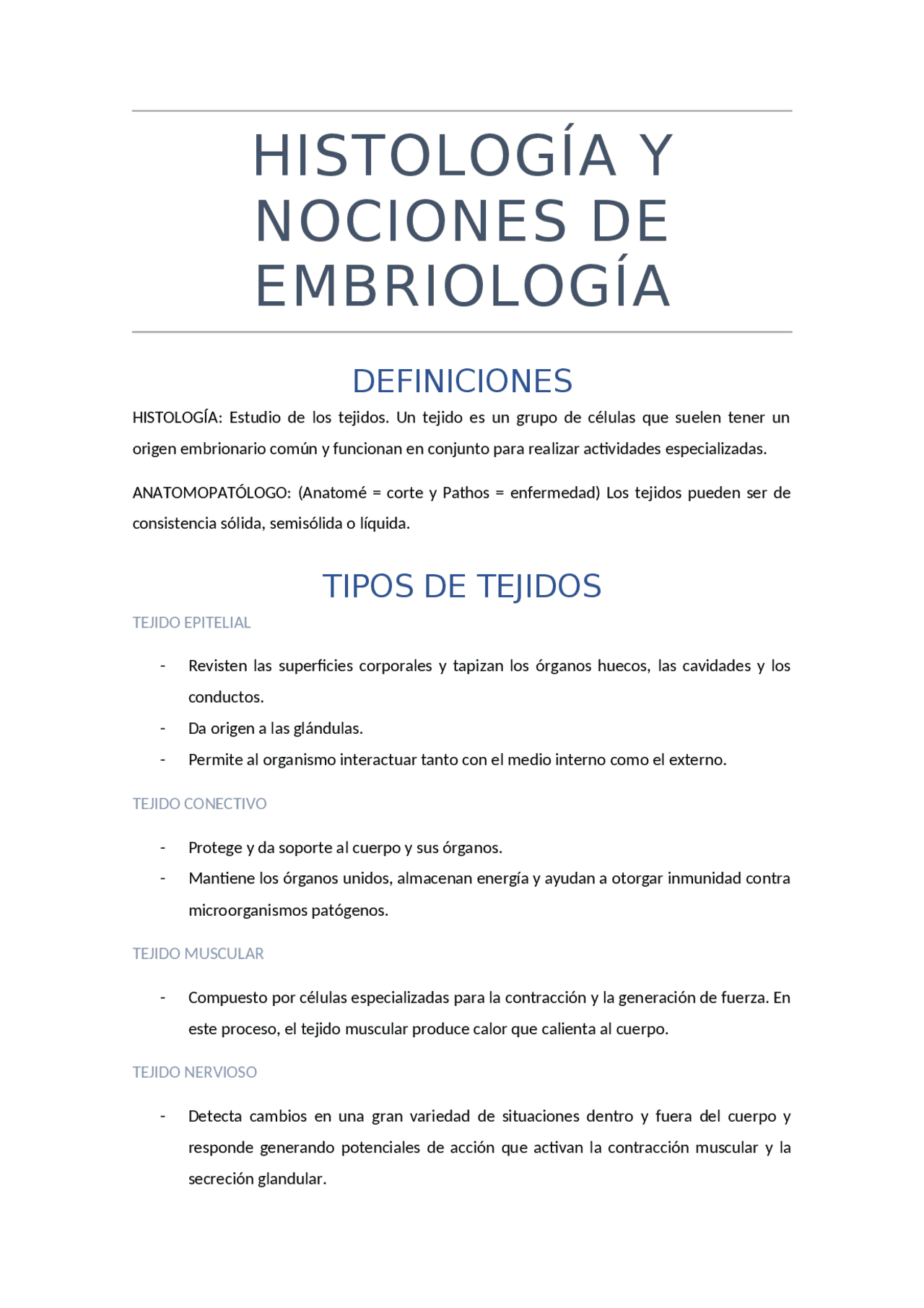 Histologia I Embriologia Apuntes De Anatomía Docsity