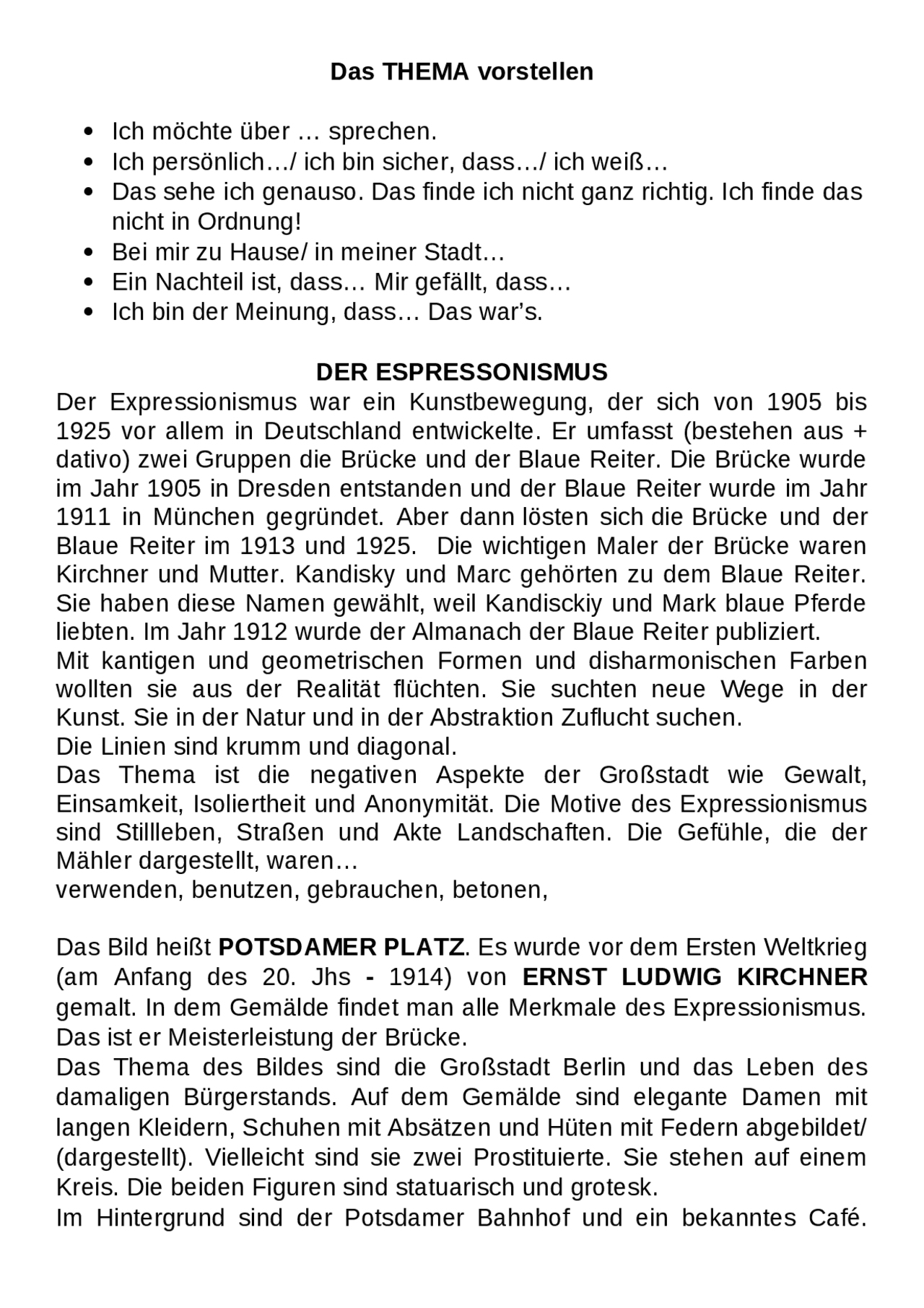 L'espressionismo tedesco con la descrizione del quadro Potsdamer Platz | Schemi e mappe ...