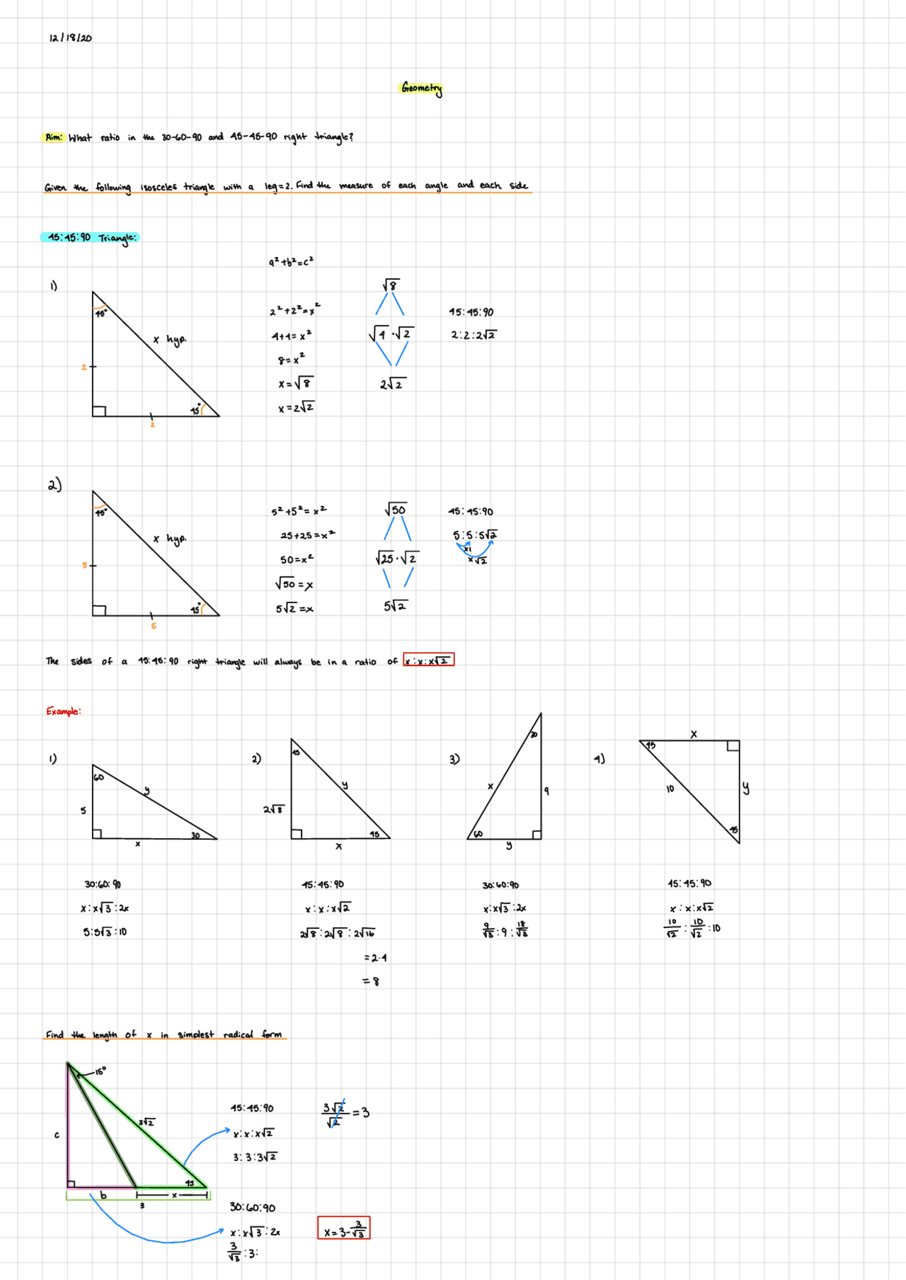 45:45:90 Right Triangle | Study notes Geometry | Docsity