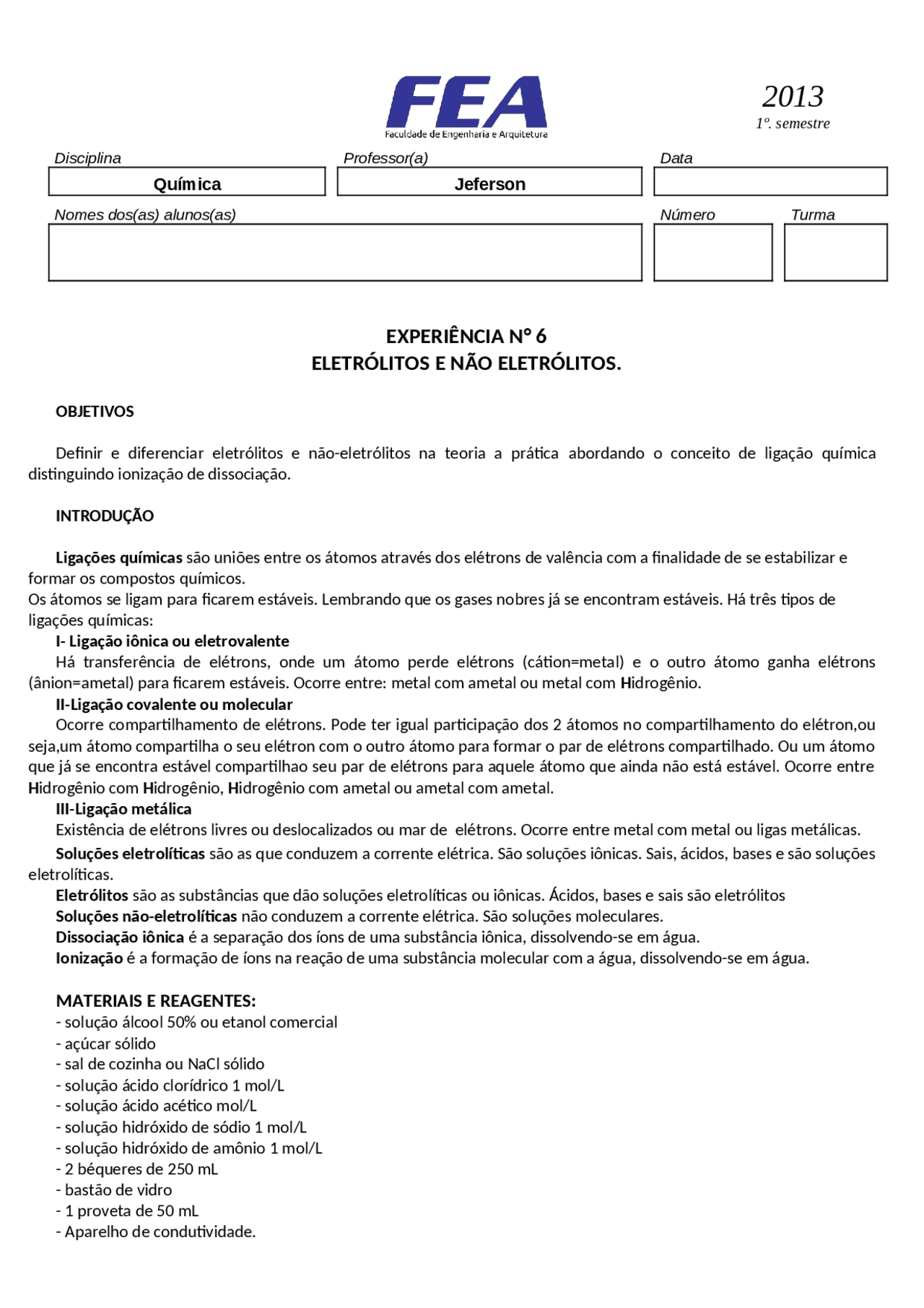 Eletrólitos e não eletrólitos | Manuais, Projetos, Pesquisas Química | Docsity