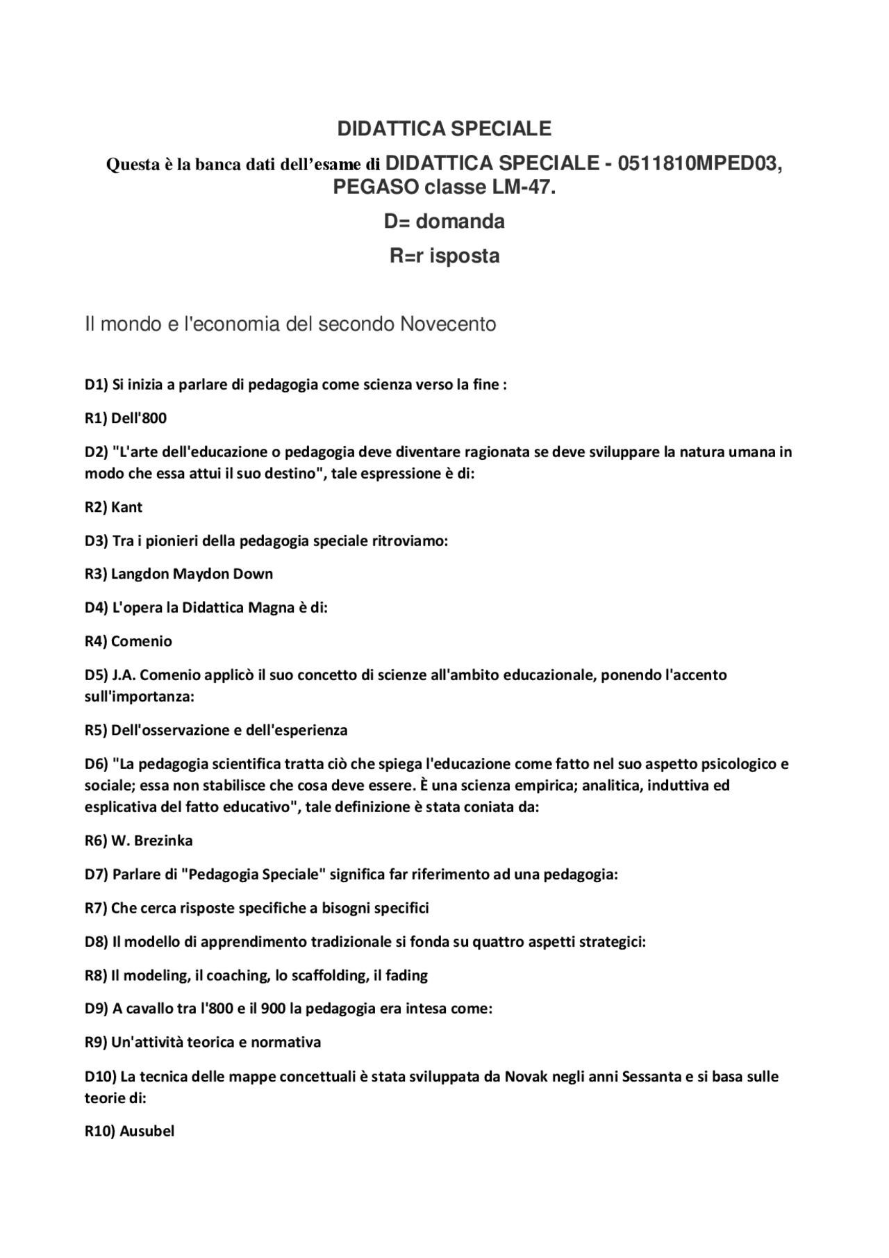 DIDATTICA SPECIALE - 0511810MPED03 | Prove d'esame di Didattica ...