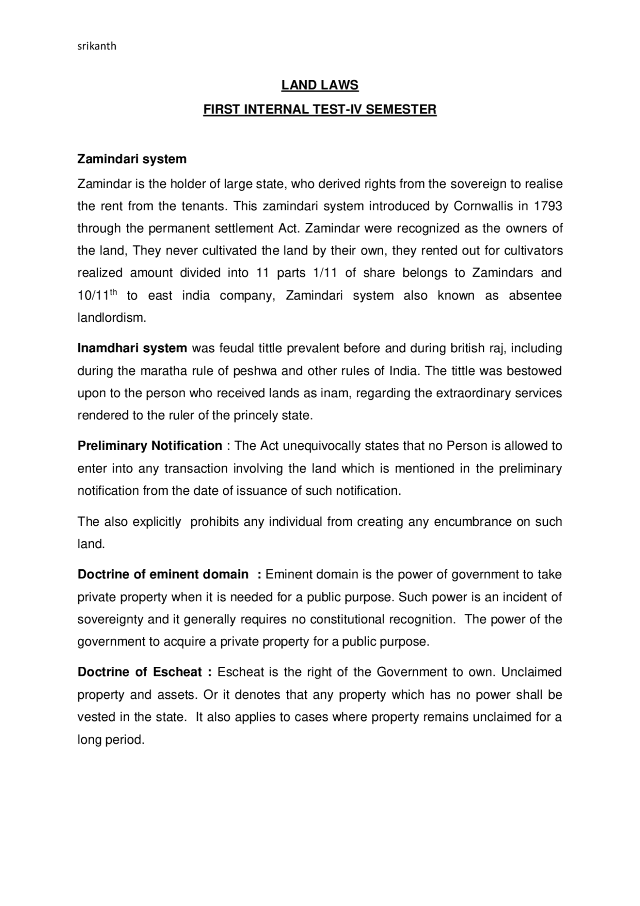 Internal Exam of the law 4th sem | Summaries Law | Docsity