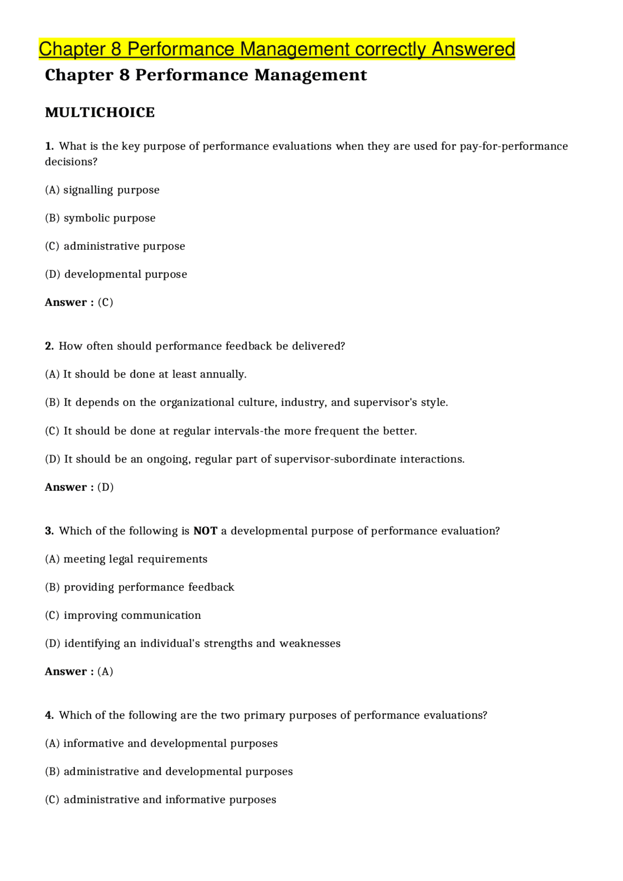 Chapter 8 Performance Management Exams Business Statistics Docsity