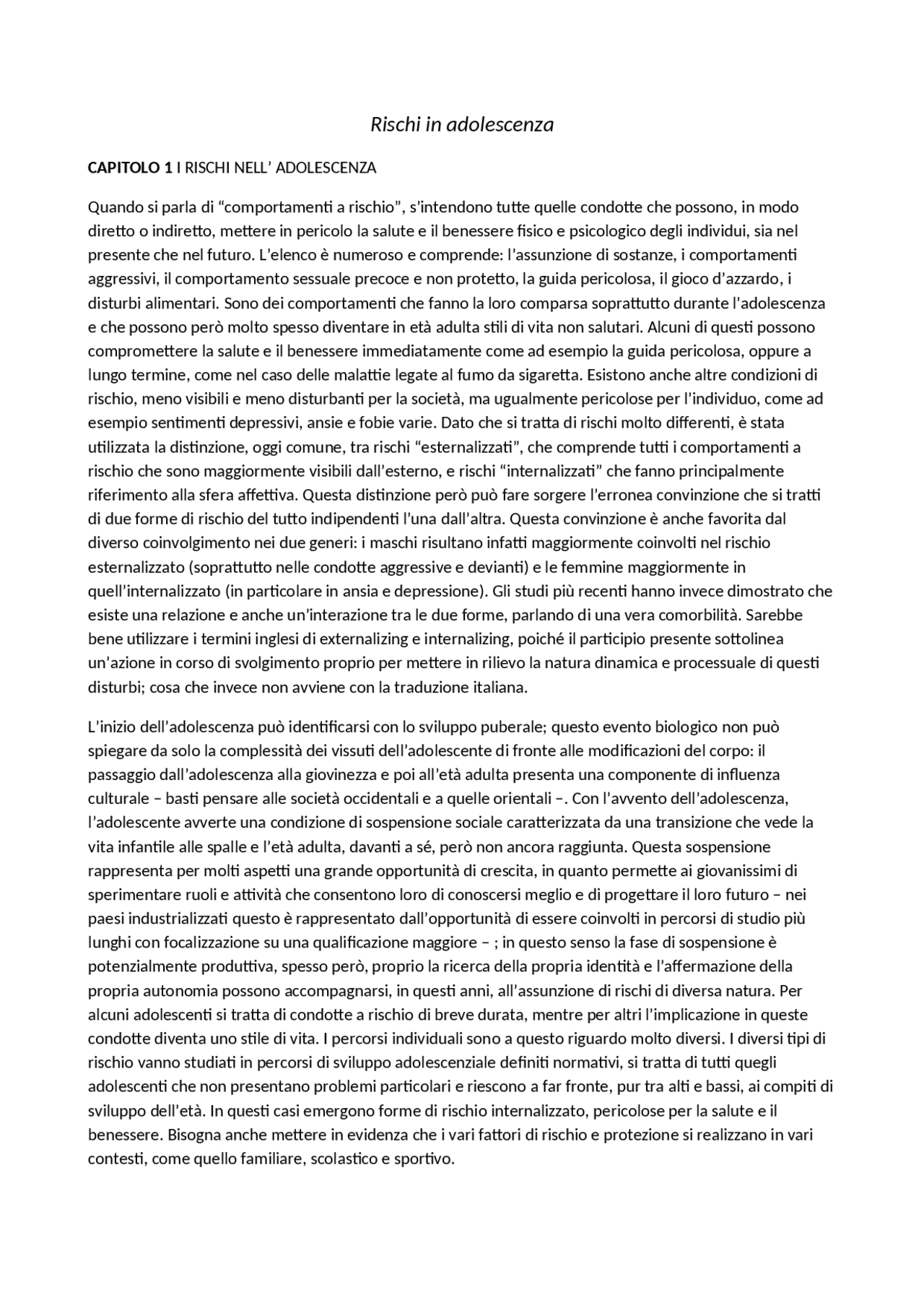 I rischi legati all'adolescenza e psicopatologia | Appunti di Psicologia Clinica | Docsity