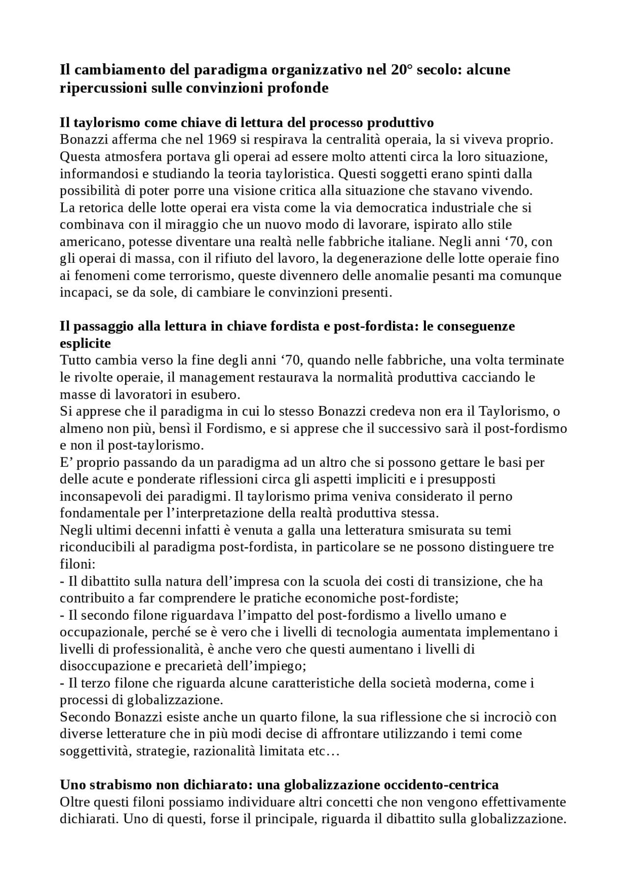 Riassunto G. Bonazzi - Il cambiamento del paradigma organizzativo nel ...