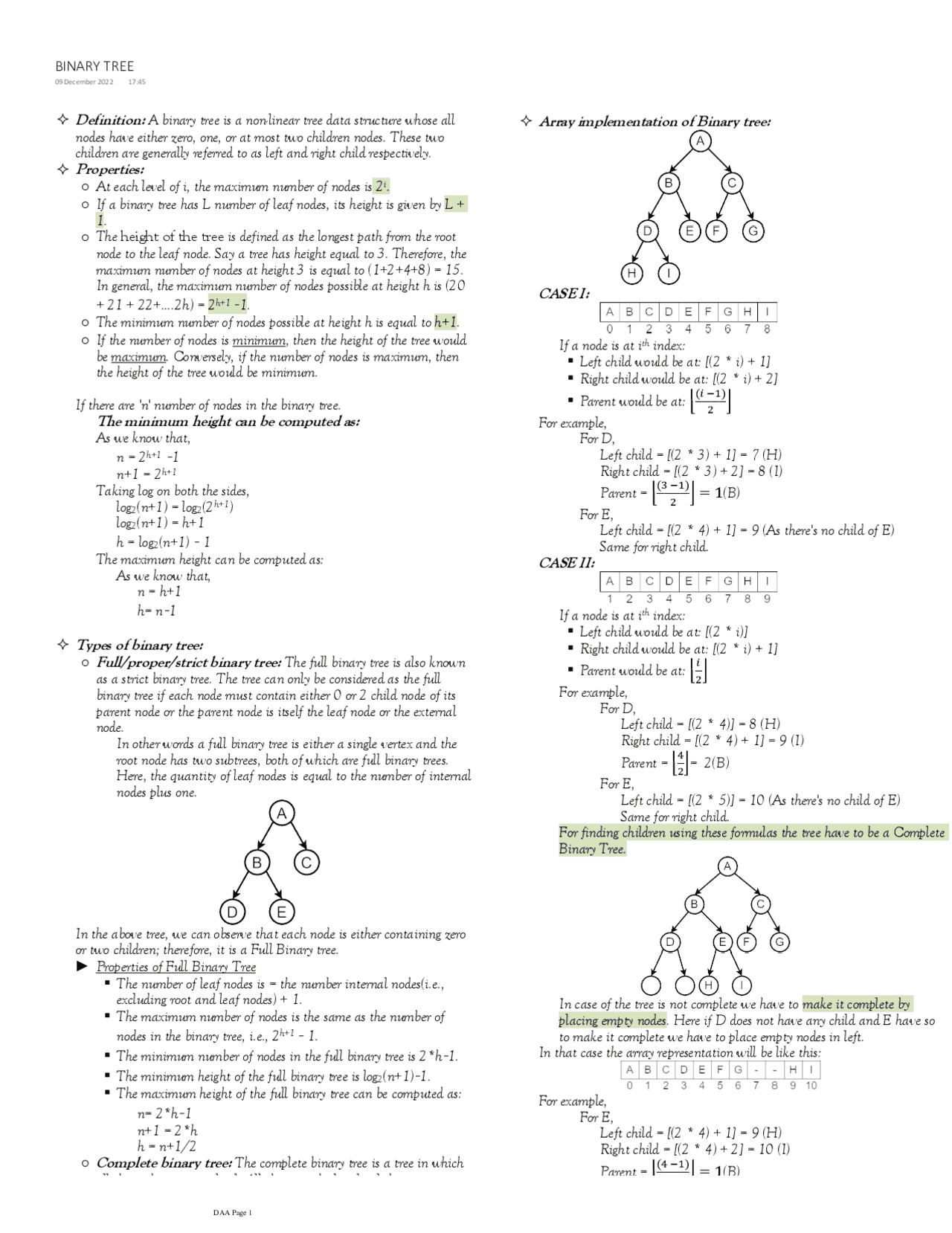 Binary Tree And Operations Lecture Notes Computer Architecture And Organization Docsity