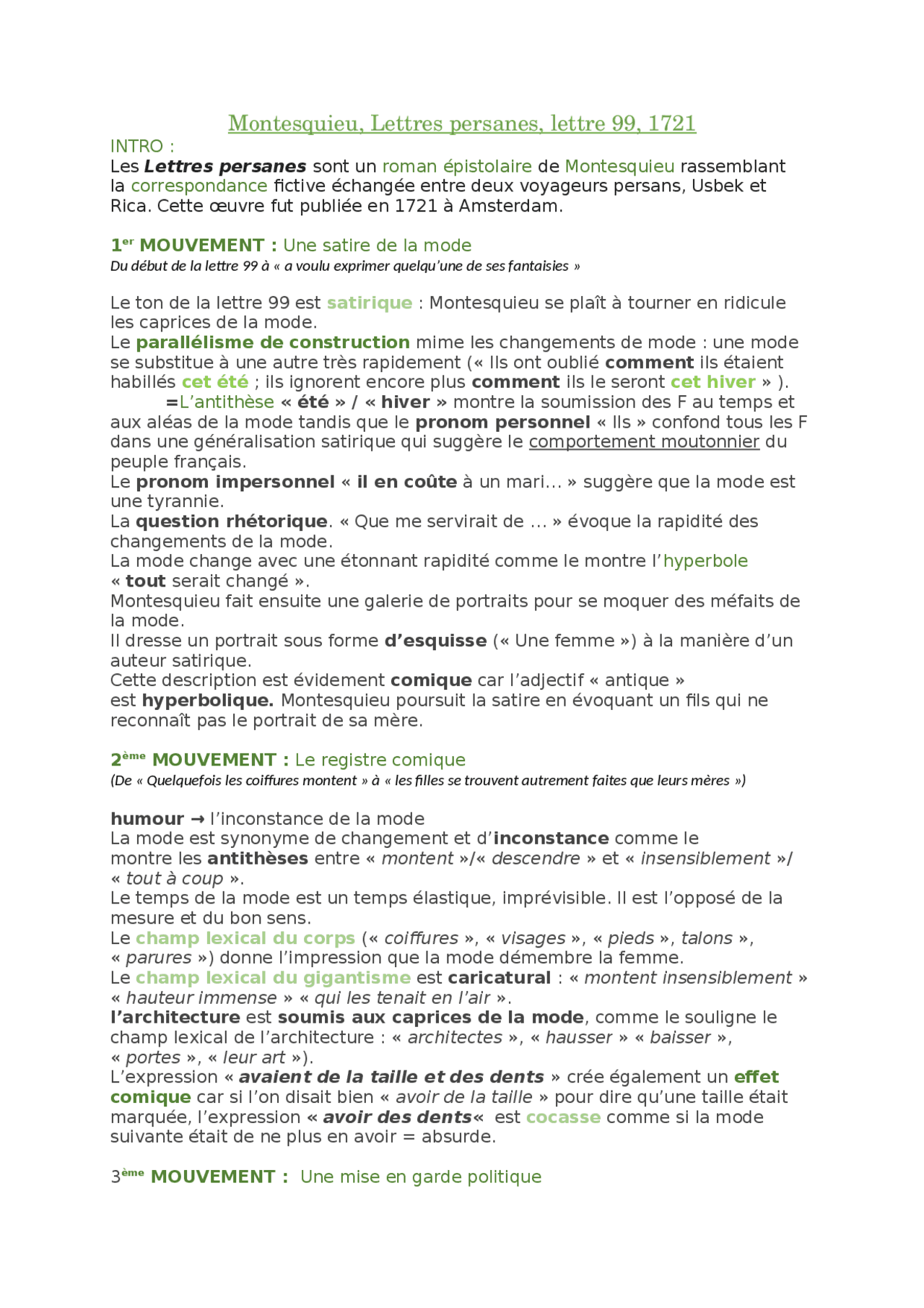 Lecture Linéaire Montesquieu Lettre 99 Dissertation Français Docsity