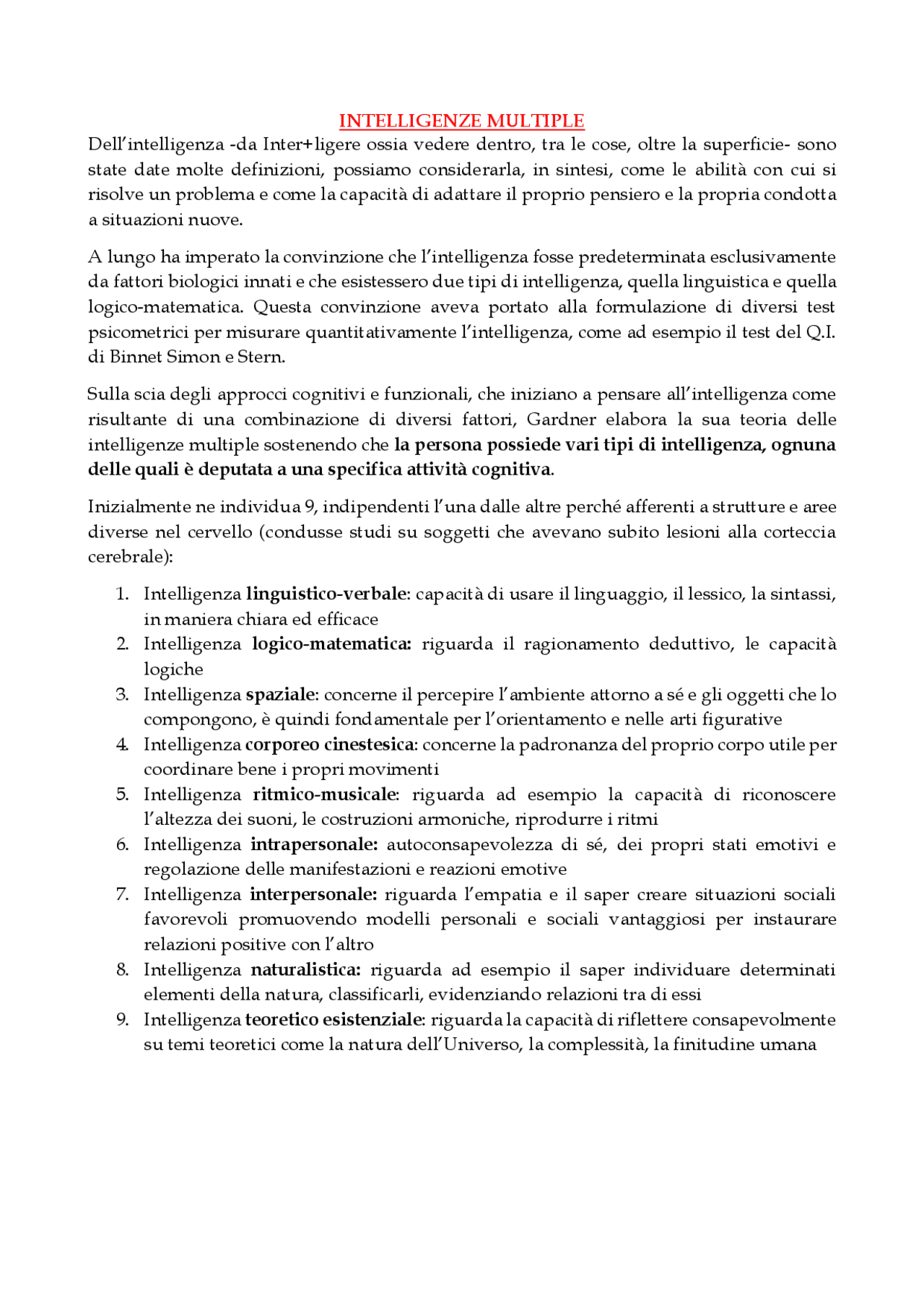 Intelligenze multiple | Dispense di Psicologia Generale | Docsity