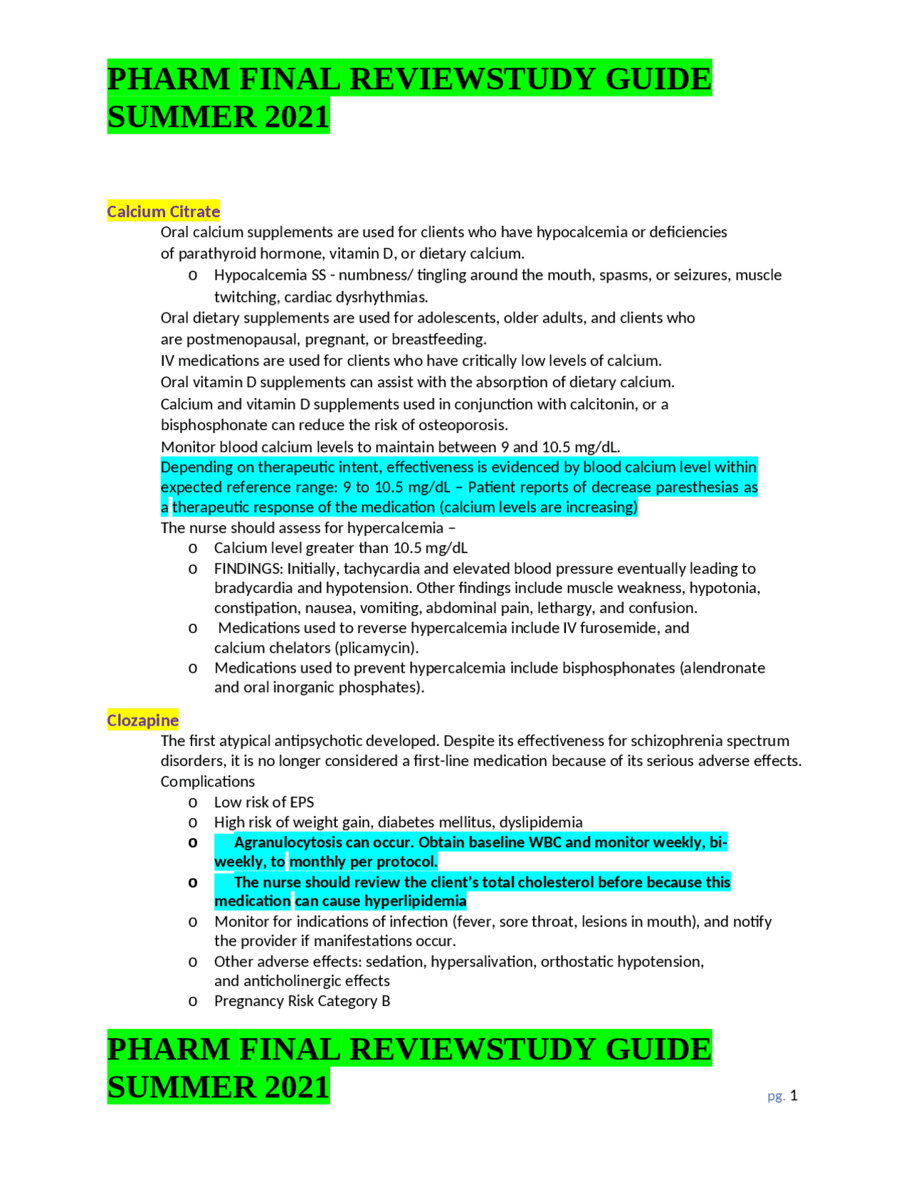PHARM FINAL REVIEWSTUDY GUIDE SUMMER 2021 | Exams Nursing | Docsity