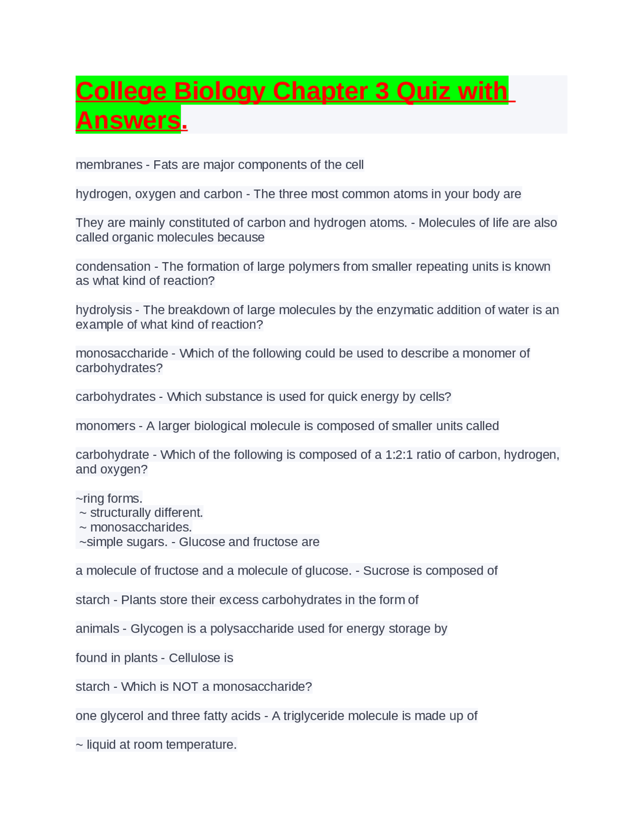 College Biology Chapter 3 Quiz with Answers | Exams Biology | Docsity