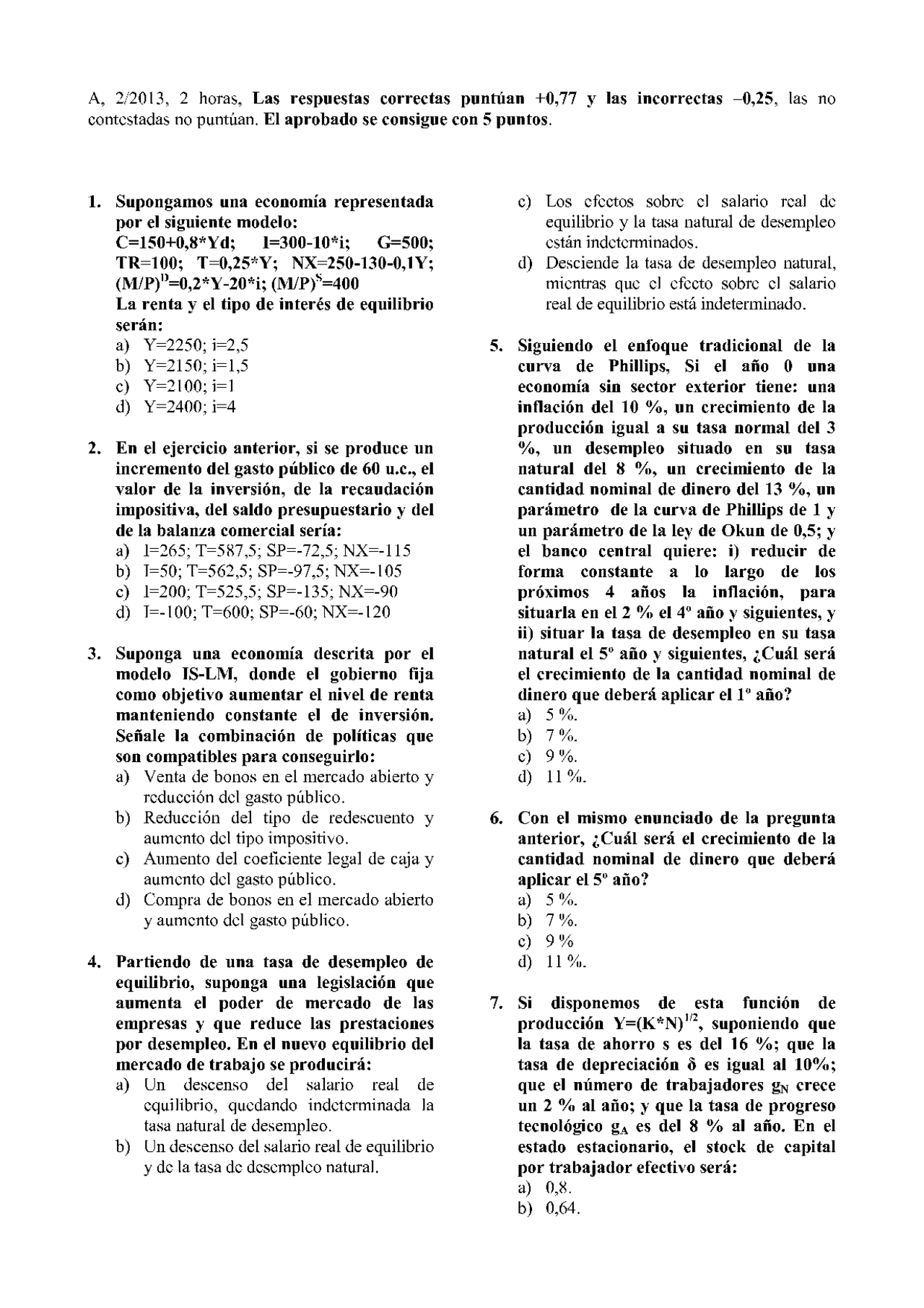 Examen 2013 Con Soluciones Exámenes De Macroeconomía Docsity