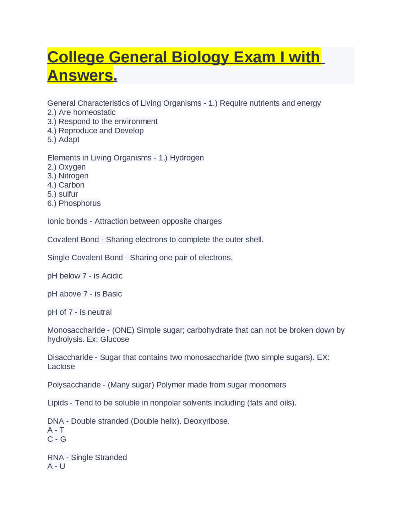 College General Biology Exam I with Answers | Exams Biology | Docsity