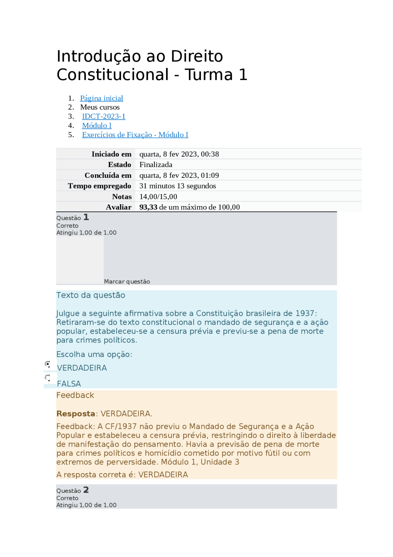 Introdução Ao Direito Constitucional Exercícios De Fixação Módulo I