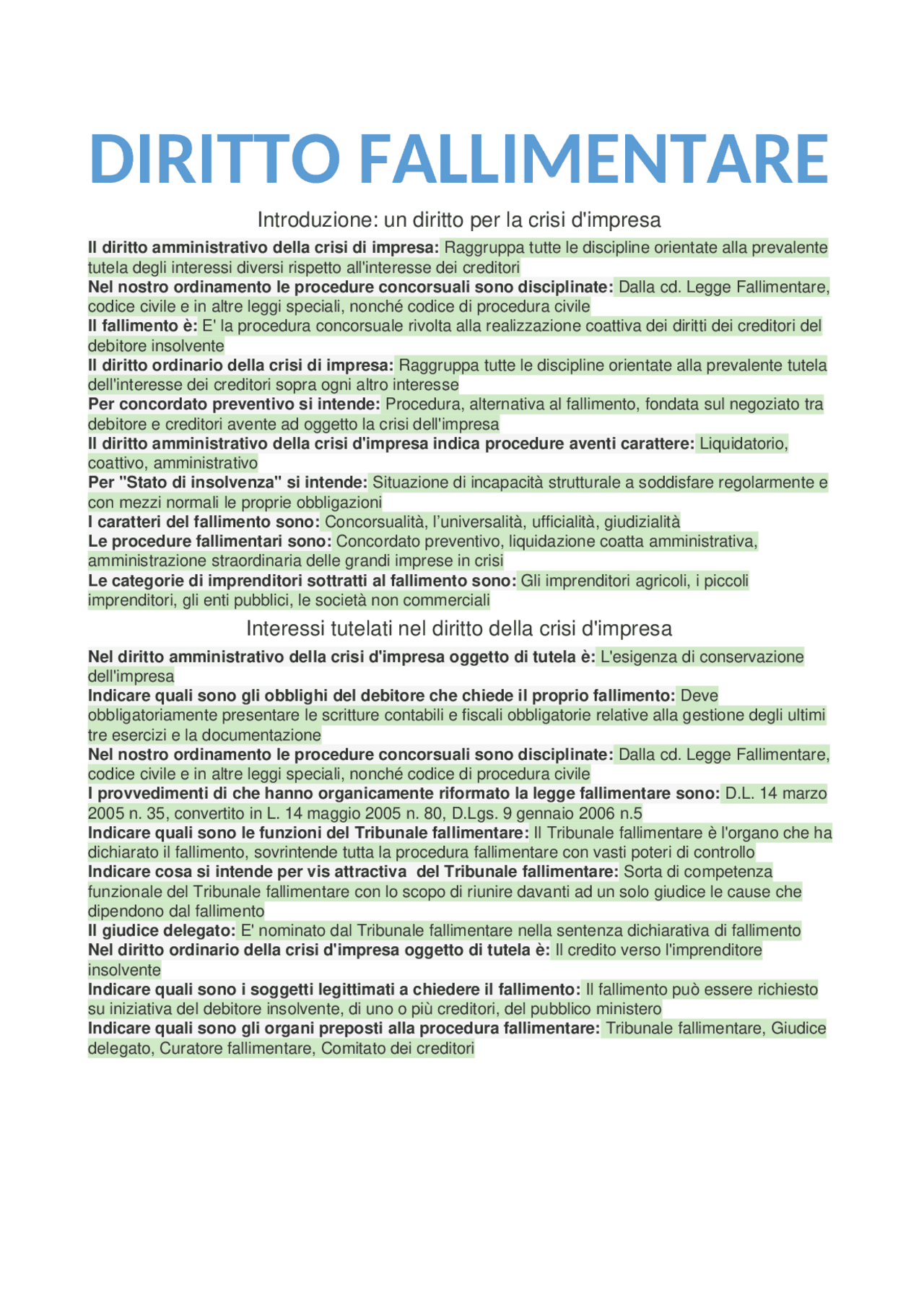 Diritto Fallimentare Prove Desame Di Diritto Fallimentare Docsity