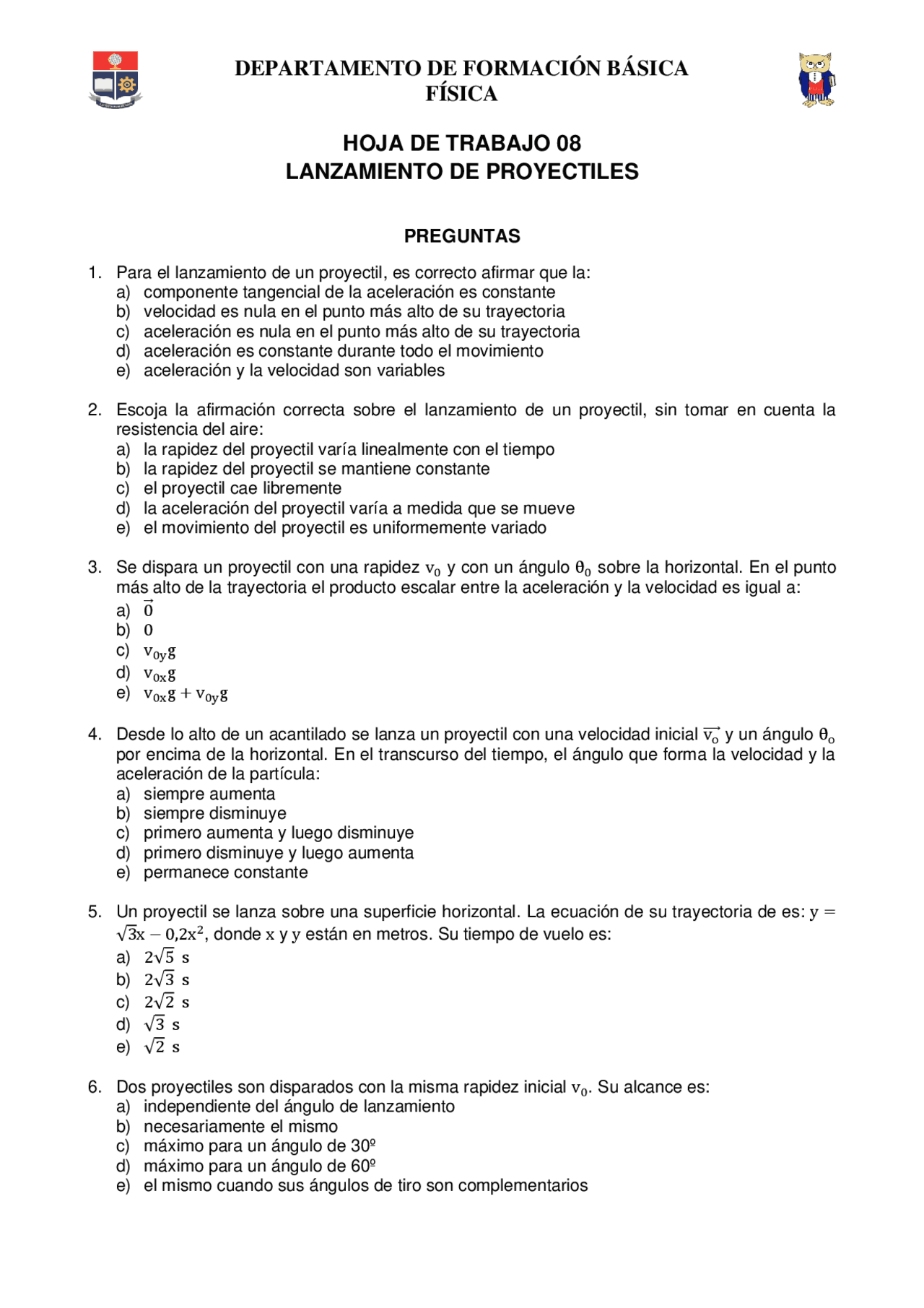 Hoja de trabajo 8 de física | Ejercicios de Física | Docsity