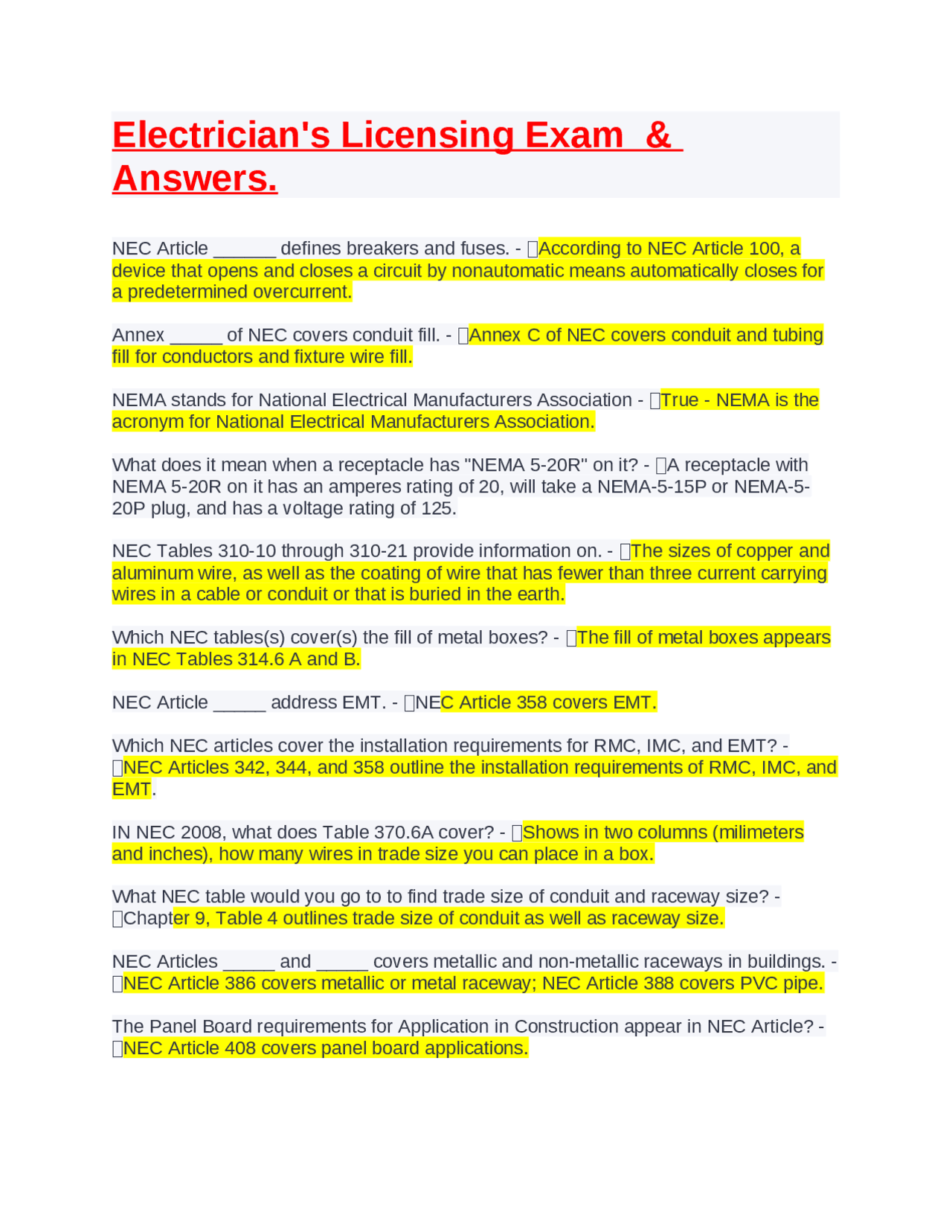 Electrician's Licensing Exam & Answers | Exams Electrical Engineering ...