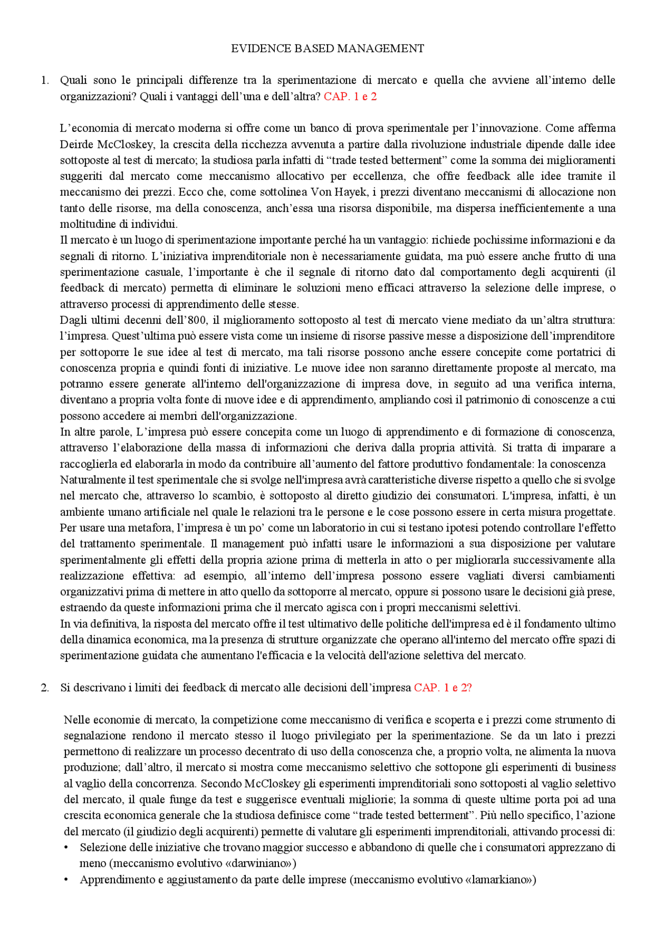 Lista Domande di Esame, Evidence Based Management | Appunti di Management Analysis And Systems ...