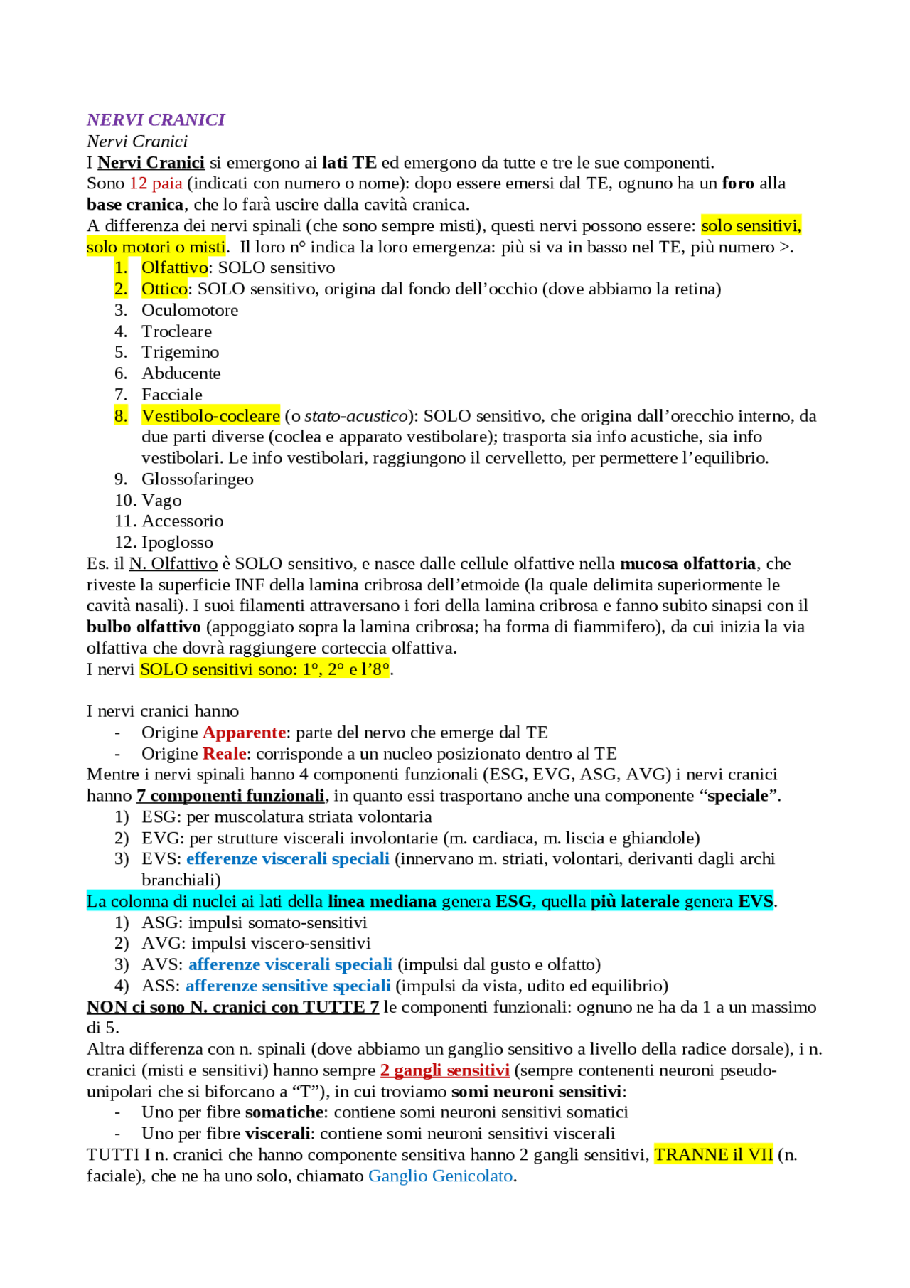 Appunti sui Nervi Cranici | Appunti di Anatomia | Docsity
