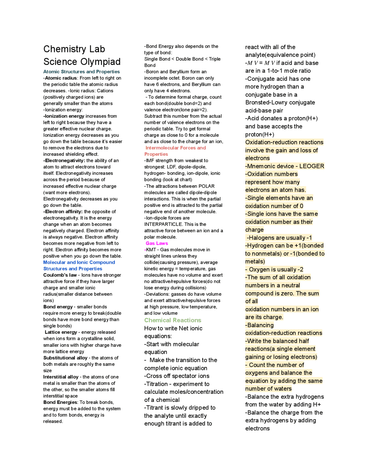 Chem lab-MA harvard HOSO | Cheat Sheet Biology | Docsity