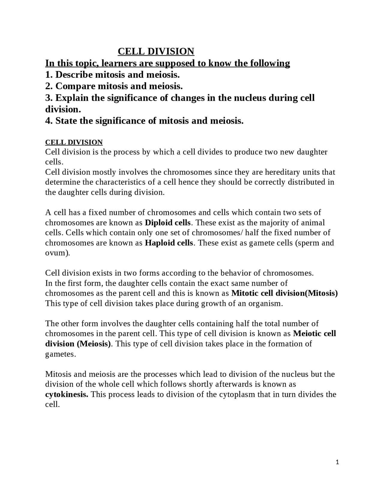 Cell Division and cycle notes | Study notes Biology | Docsity