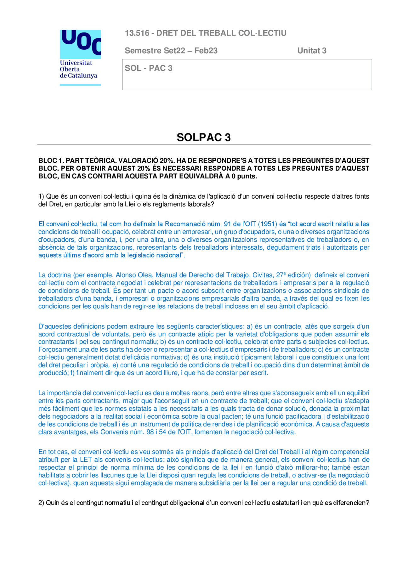 SOLUCIÓN PAC 3 DERECHO DEL TRABAJO COLECTIVO | Ejercicios de Derecho Laboral | Docsity