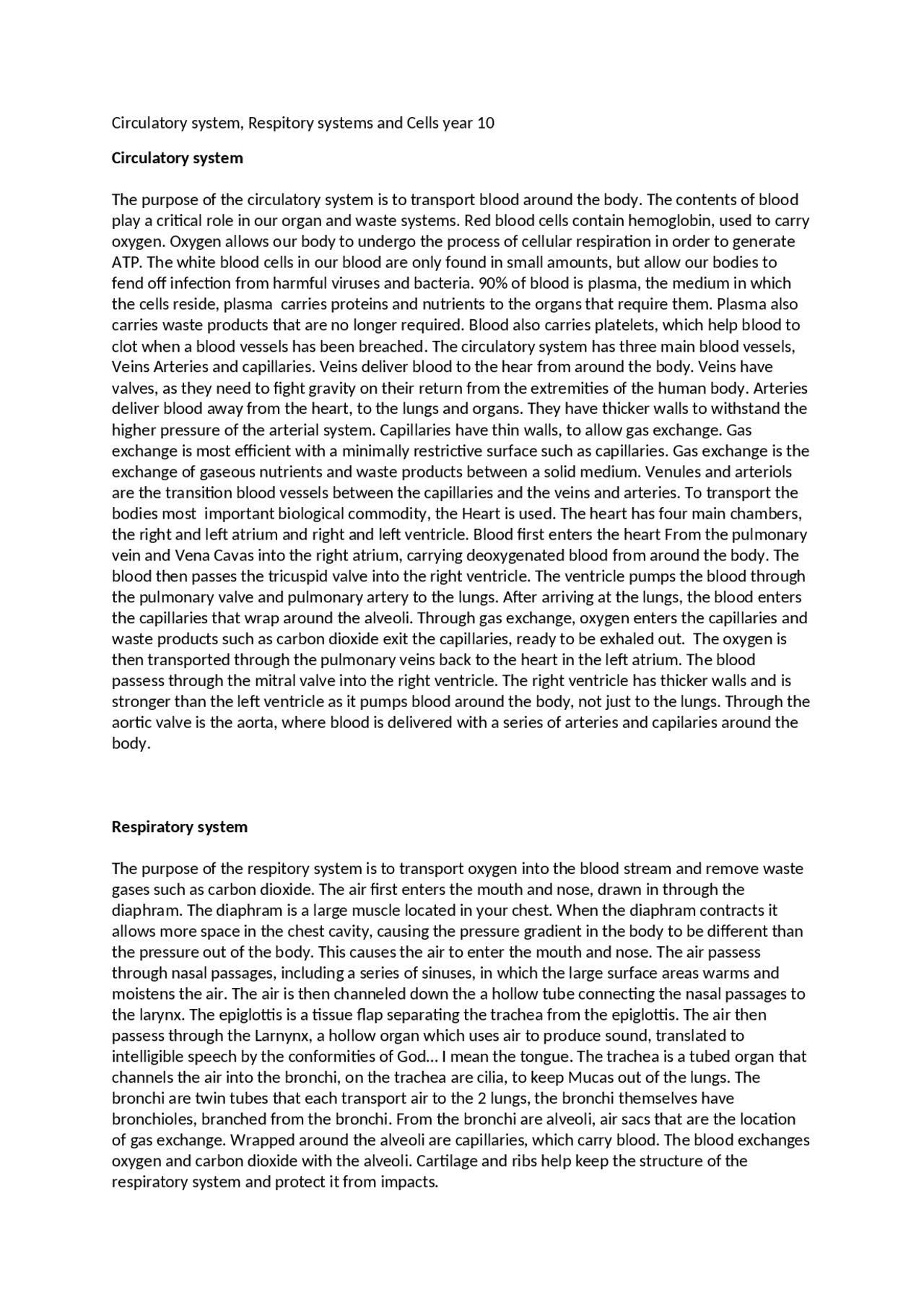 Circulatory system, respitory system and cells summary | Study notes ...