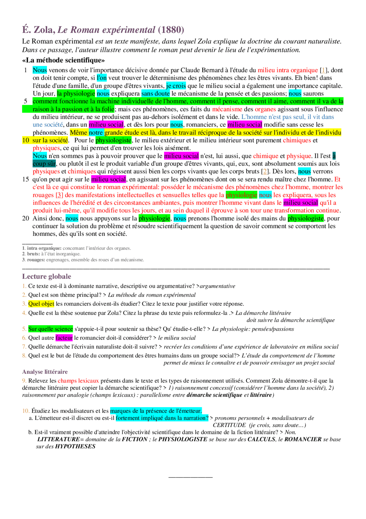 Roman experimental Zola analyse guide par un professeur | Appunti di ...