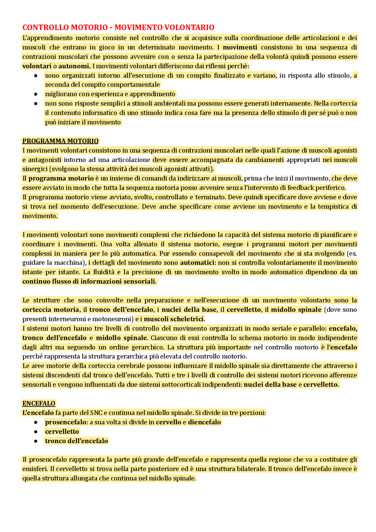 Movimento volontario | Appunti di Fisiologia | Docsity