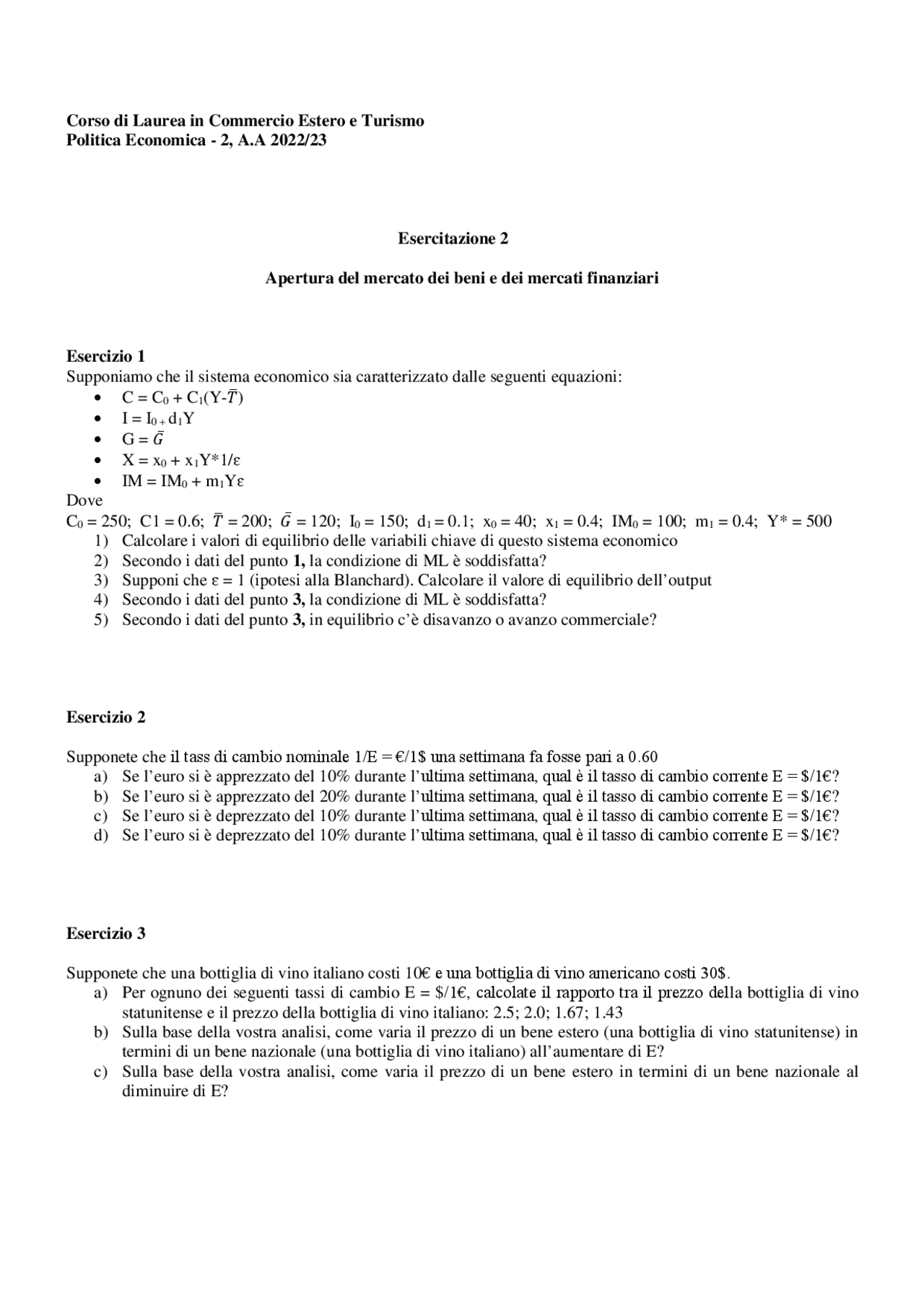 Esercizi Macroeconomia Esercizi Di Macroeconomia Docsity
