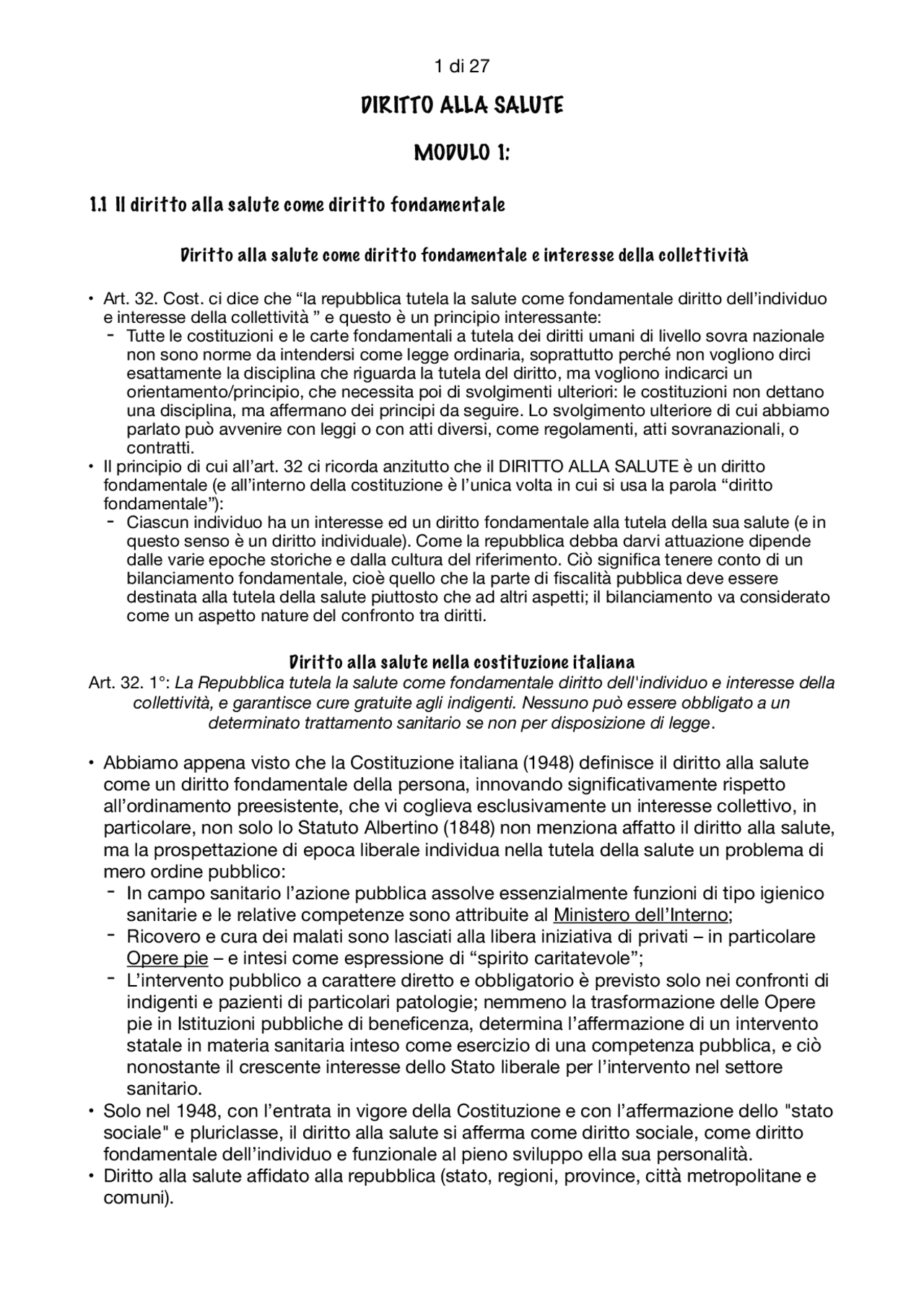 Diritto alla salute(articoli costituzione) | Appunti di Diritto | Docsity