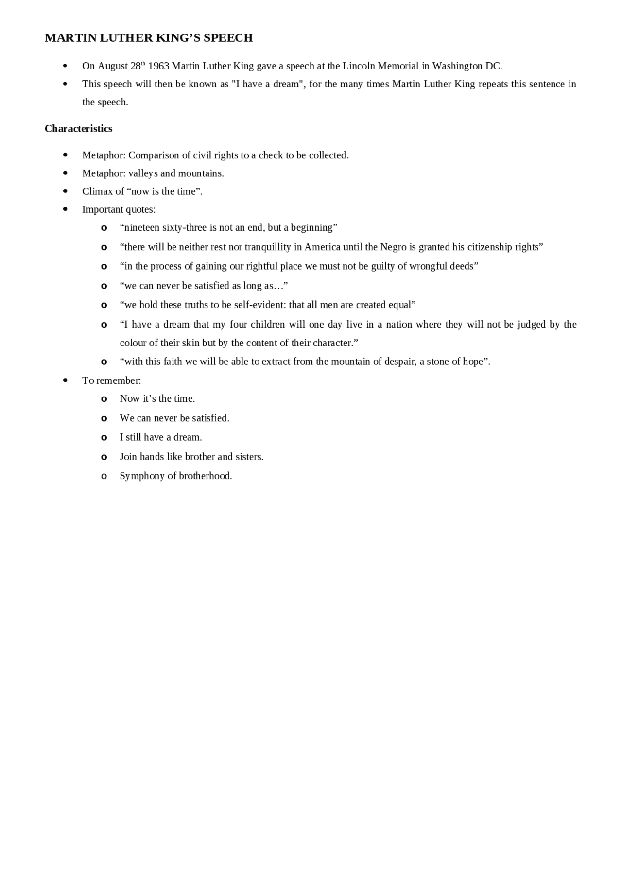 MArtin Luther King's Speech | Schemi e mappe concettuali di Inglese ...