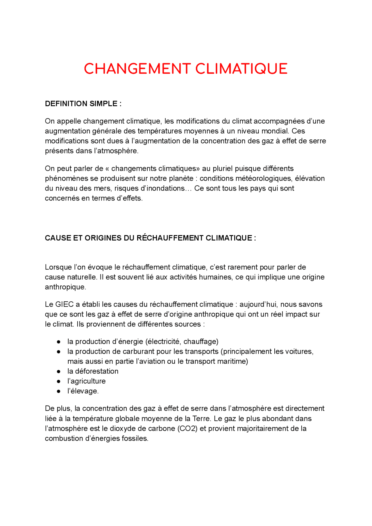 Changement climatique | Esercizi di Francese | Docsity