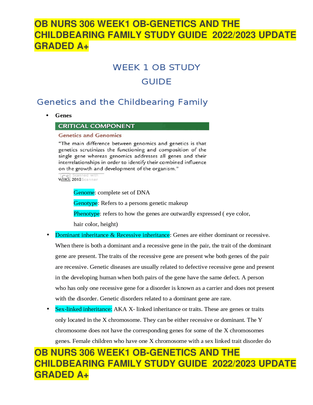 OB NURS 306 WEEK1 OB-GENETICS AND THE CHILDBEARING FAMILY STUDY GUIDE ...