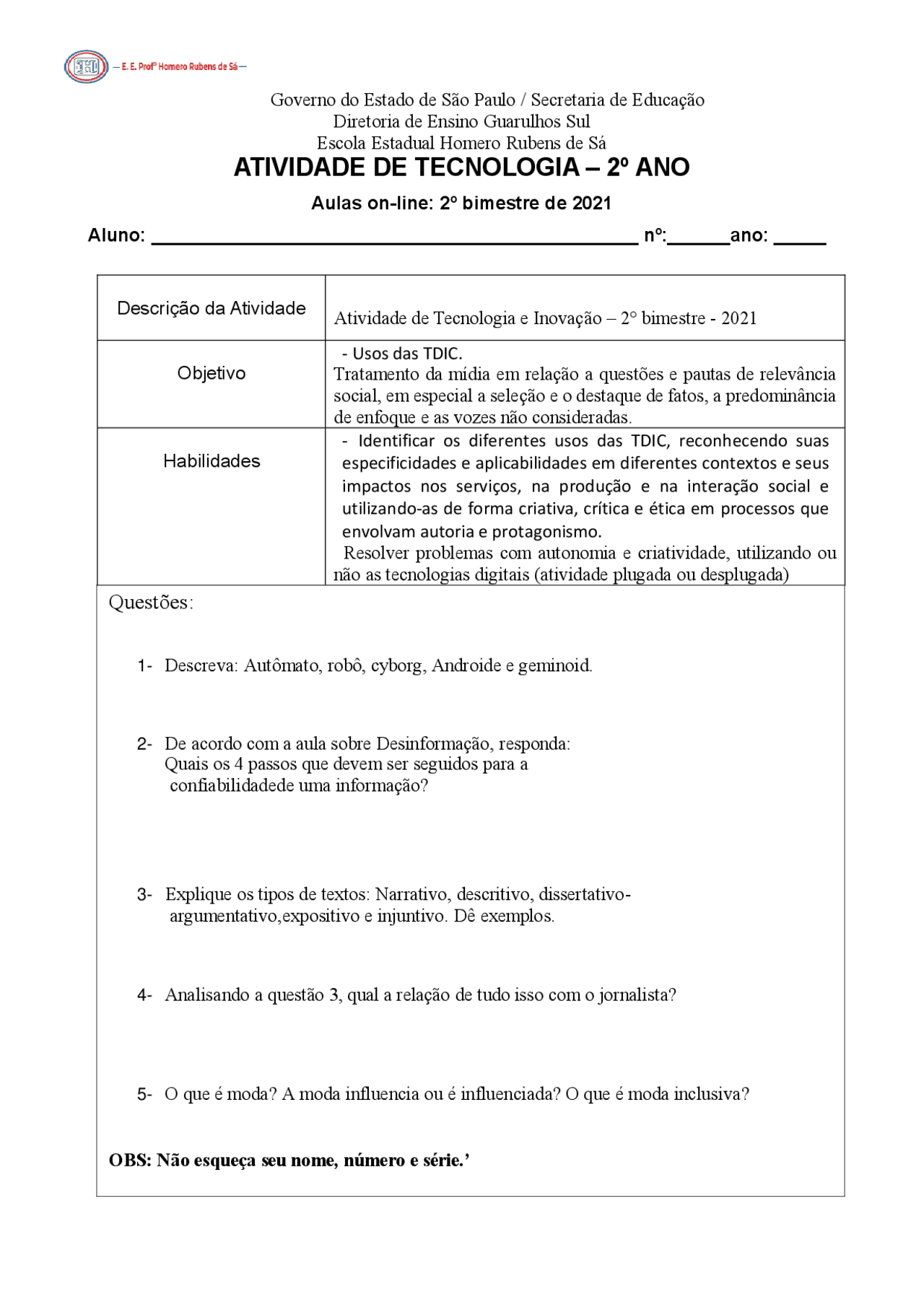 TDIC ATIVIDADE DE TECNOLOGIA | Exercícios História | Docsity