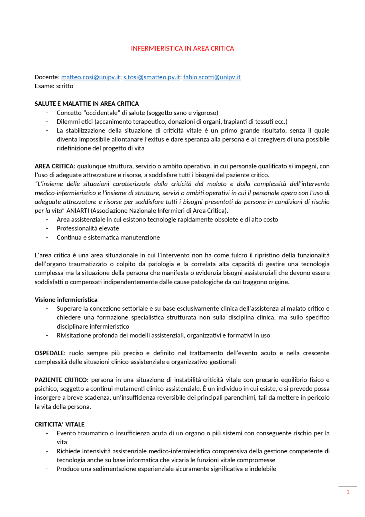 Appunti Completi Infermieristica In Area Critica Appunti Di