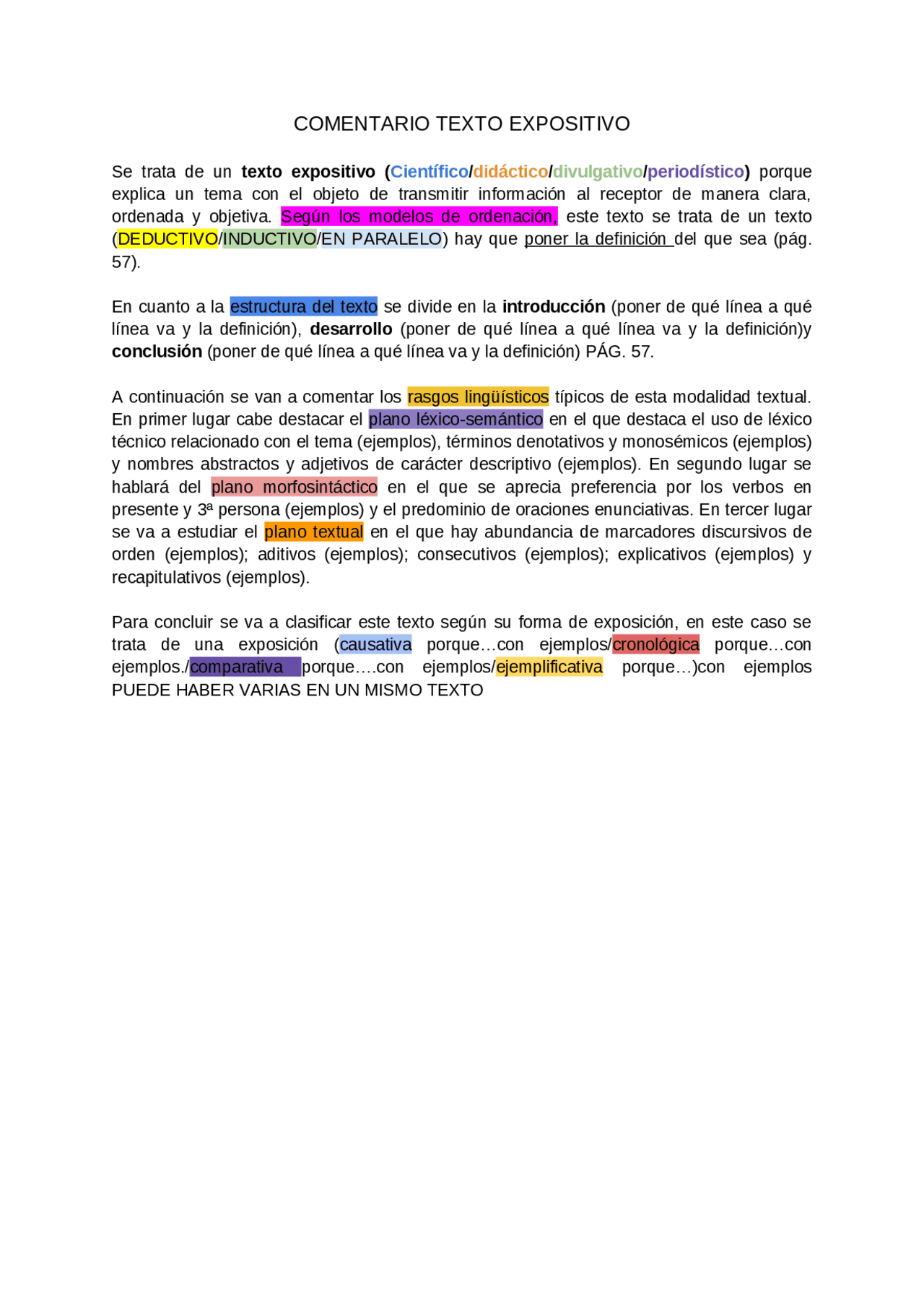 Esquema comentario de texto expositivo. | Ejercicios de Lengua y Literatura | Docsity